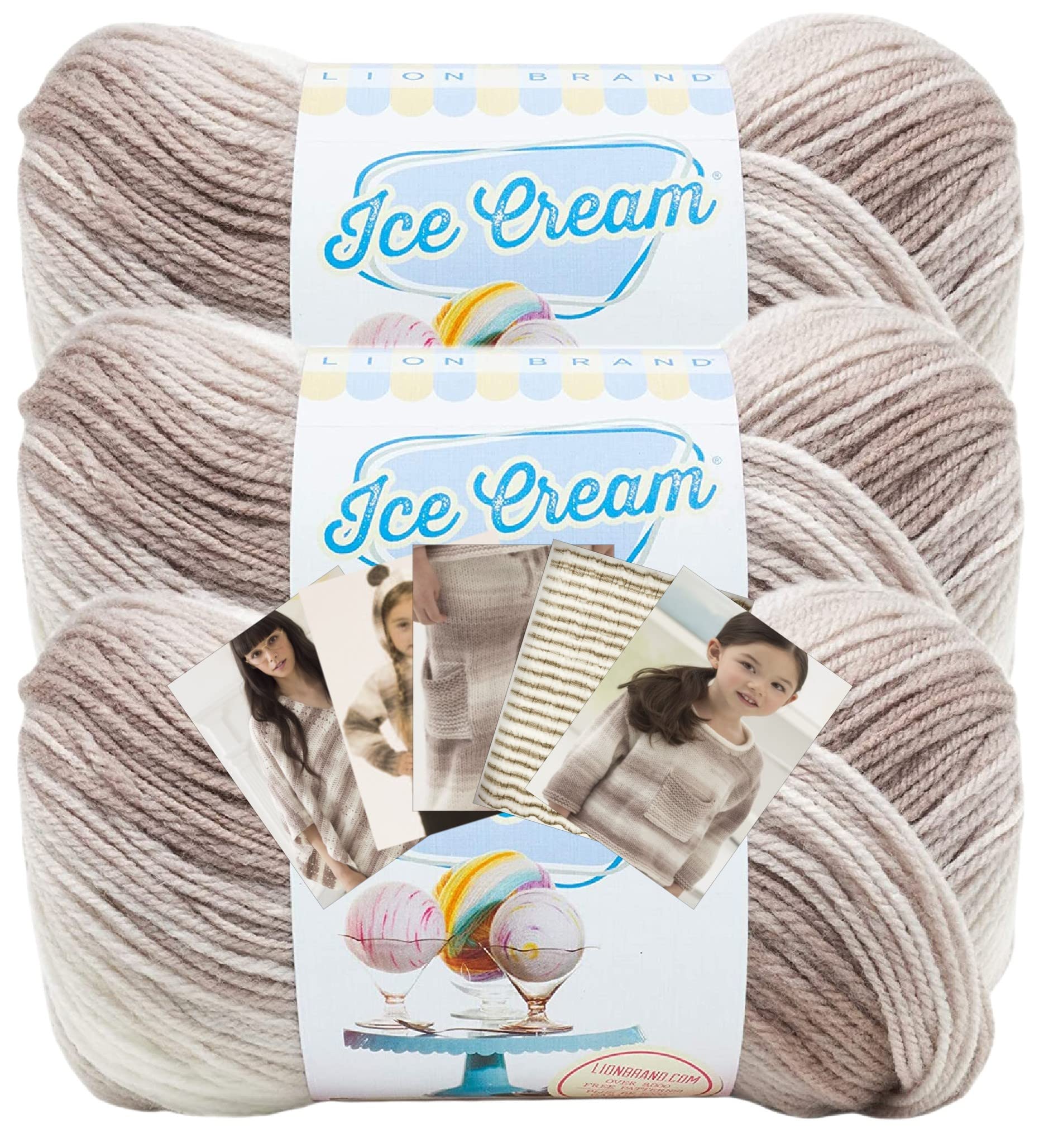 Lion Brand Yarn - Ice Cream - 3 Pack with Pattern Cards in Color (Coffee)