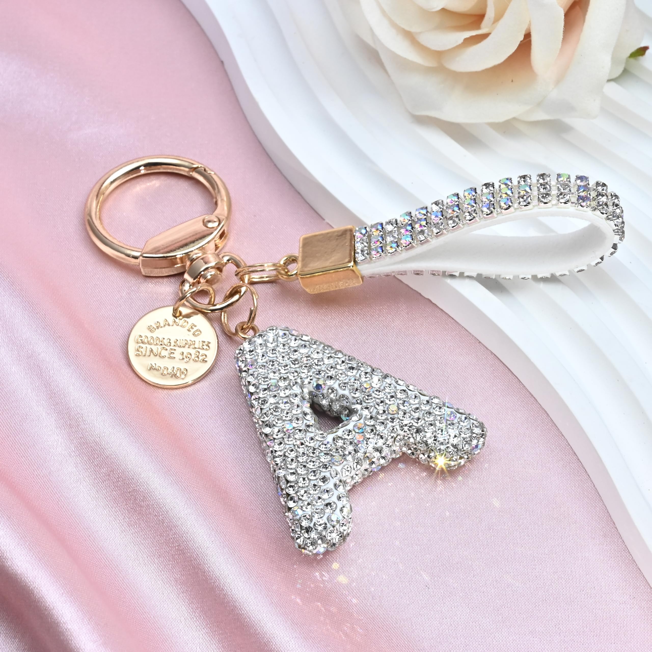Pink Blue White Initial Letter Keychain Gift for Women Girls Bling Sparkly Cute Backpack Car Key Accessories Lanyard (A-white diamond)