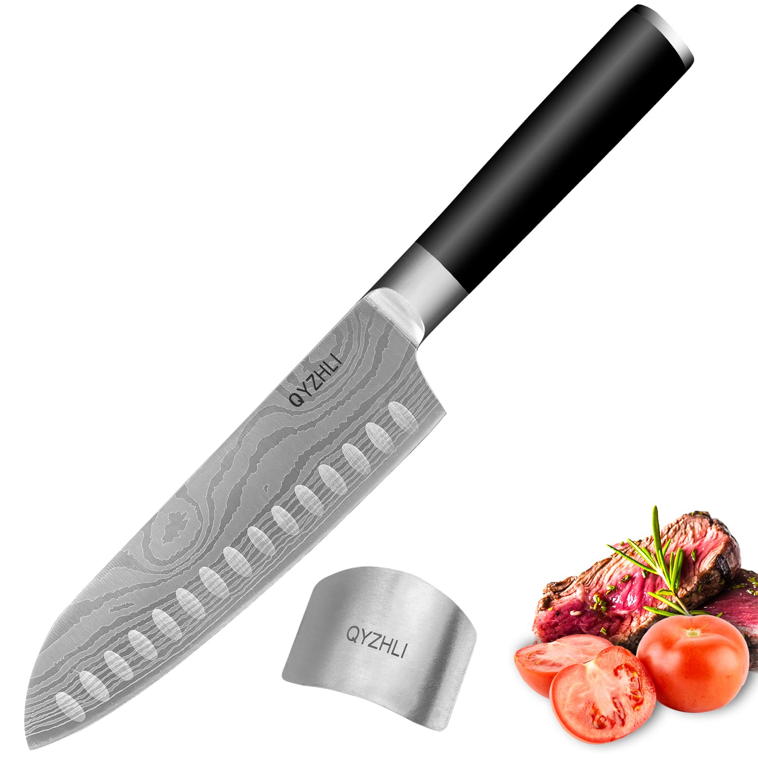 QYZHLI Chef Knife - 7 Inch Santoku Chefs Knife Kitchen Knife 5cr15mov Stainless Steel Laser Damascus,With Finger Protector