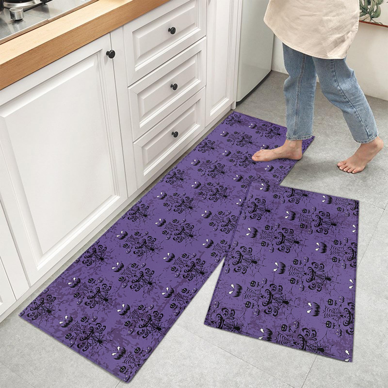 Kitchen Rugs and Mats Sets of 2 Halloween Non-Slip Rubber Backing Area Rugs Washable Runner Carpets for Floor, Kitchen Ghost Face Purple Pattern Pumpkin Spider 15.7x23.6+15.7x47.2inch