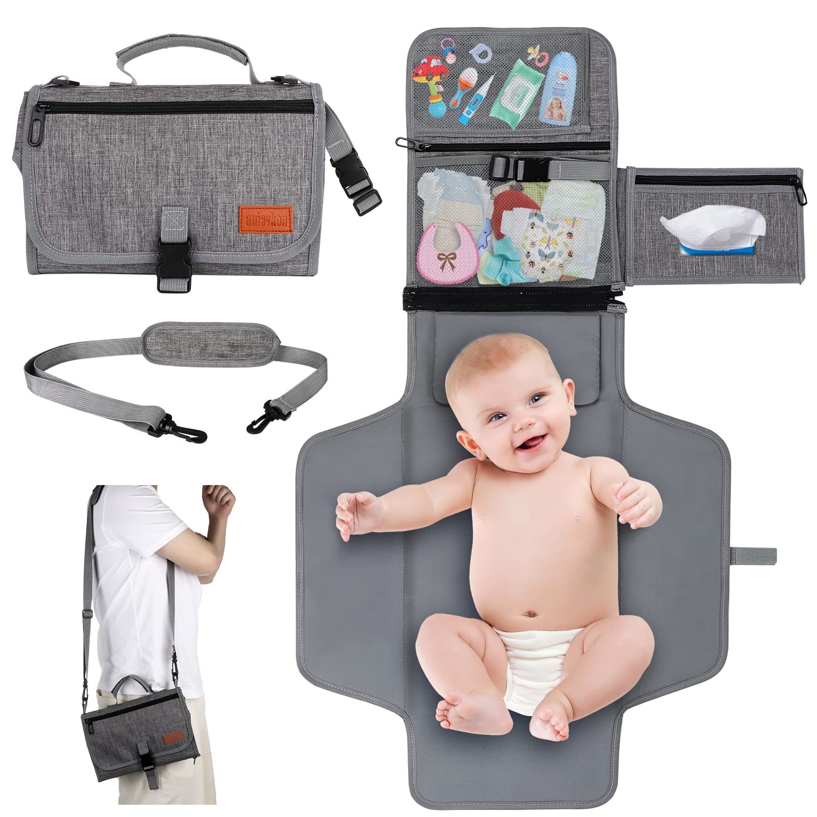Portable Diaper Changing Pad, Baby Changing Mat with Smart Wipes Pocket, Waterproof Changing Station Kit, Foldable Changing Pad for Baby Shower, Travel, Walking