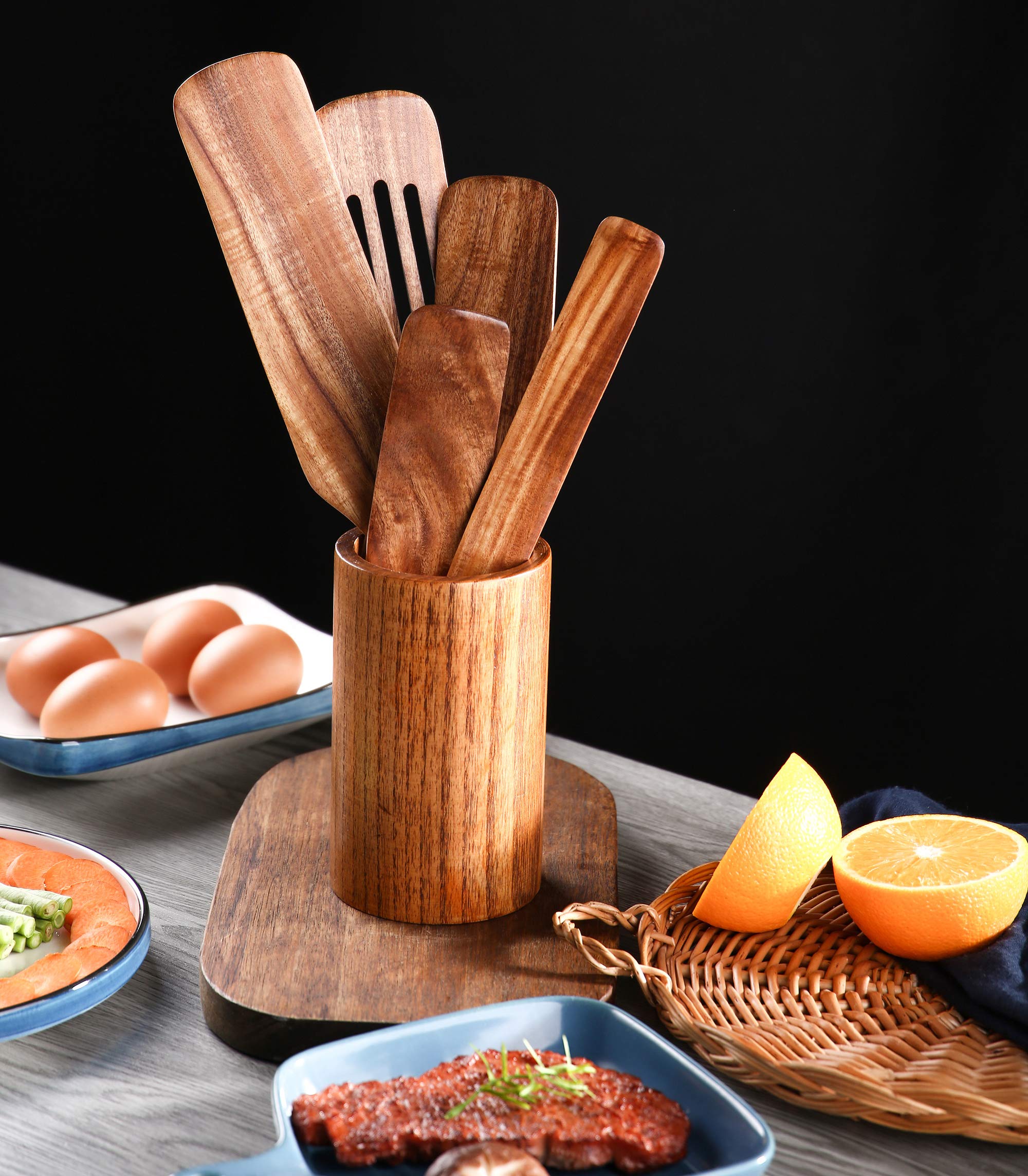 NIGILA 5Pcs Wooden Spoons Kit for Cooking Durable Acacia Wood Spurtles Kitchen Tools and Utensils Long Handle for Nonstick Cookware,Salad Strainer and Cake Make,Spurtles Kitchen Tools as Seen on TV