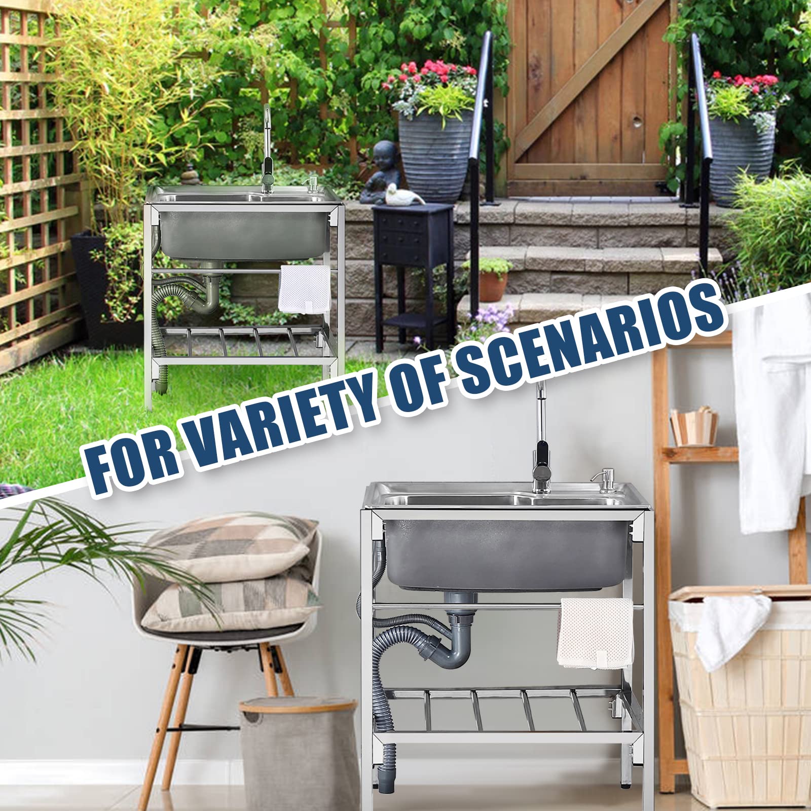 Outdoor Sink Single Bowl, Freestanding Stainless Steel Utility Sink With Hose Hook Up, Commercial Kitchen Sink with Hot and Cold Faucet For Restaurant, Bar, Laundry, Garage, Backyard