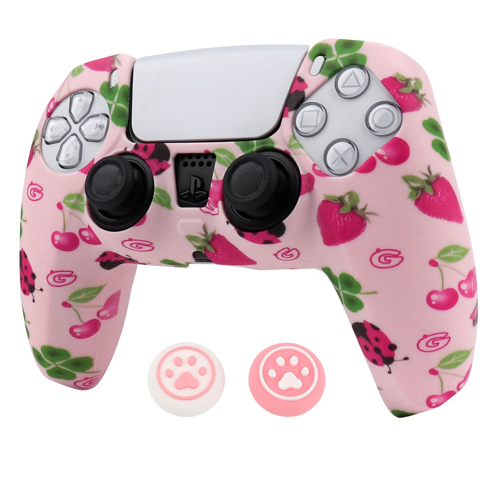 Pink Controller Skins for PS5 RALAN, Fruit Silicone Controller Cover Skin Protector Compatible with PS5 Controller with 2 Cute Thumb Grips Caps
