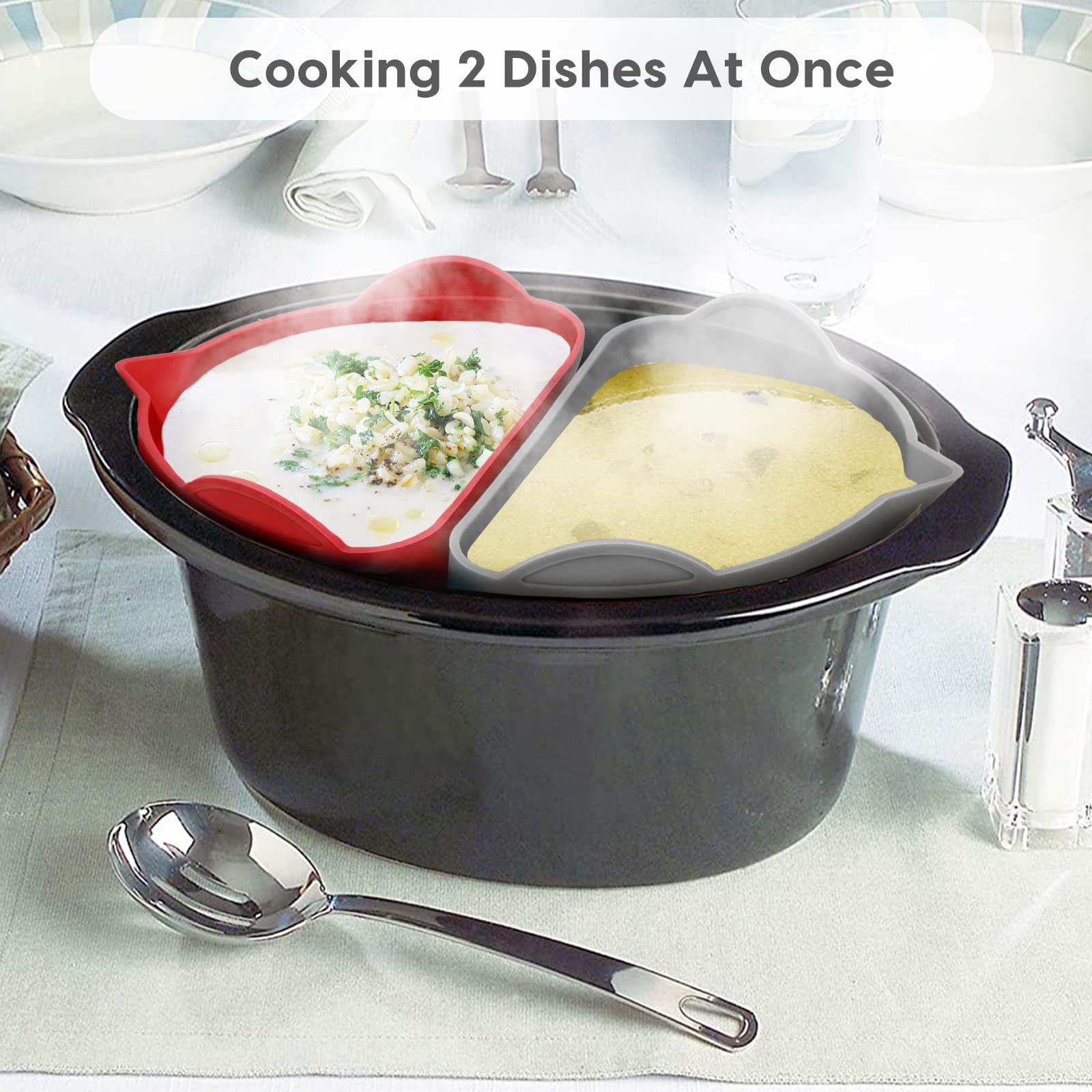 MMH Slow Cooker Divider Liner Fit for Crockpot & Hamilton Beach 6-7 Quart, Silicone Crock Pot Cooking Liners Inserts | Reusable & Leakproof | BPA Free | Dishwasher Safe | Red+Gray