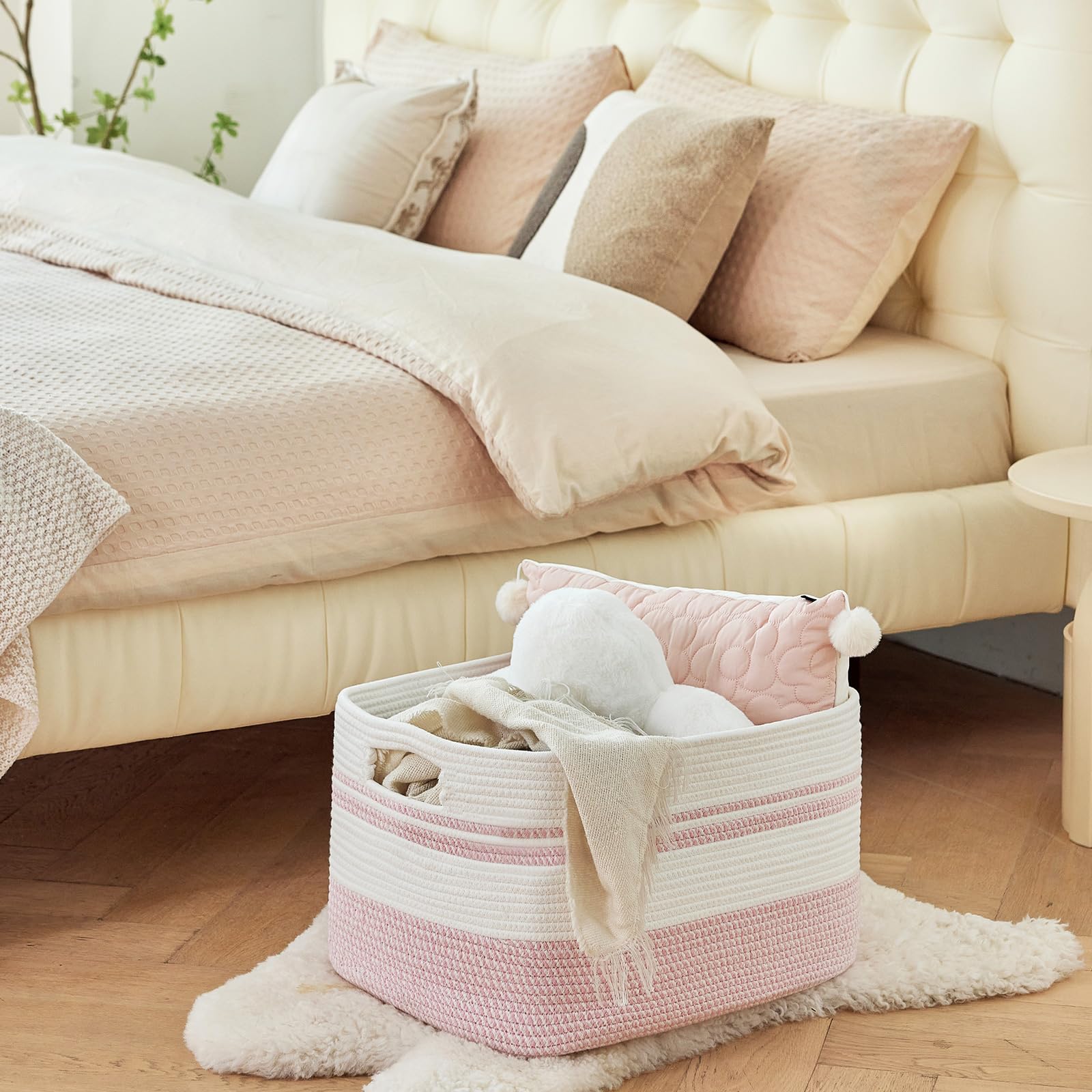 R RUNKA Large Rectangular Cotton Rope Storage Basket - 82L- Ideal for Toy Storage, Blankets, Laundry, Woven Organizer for Living Room, Bedroom - 22"x17"x12"(White & Pink)
