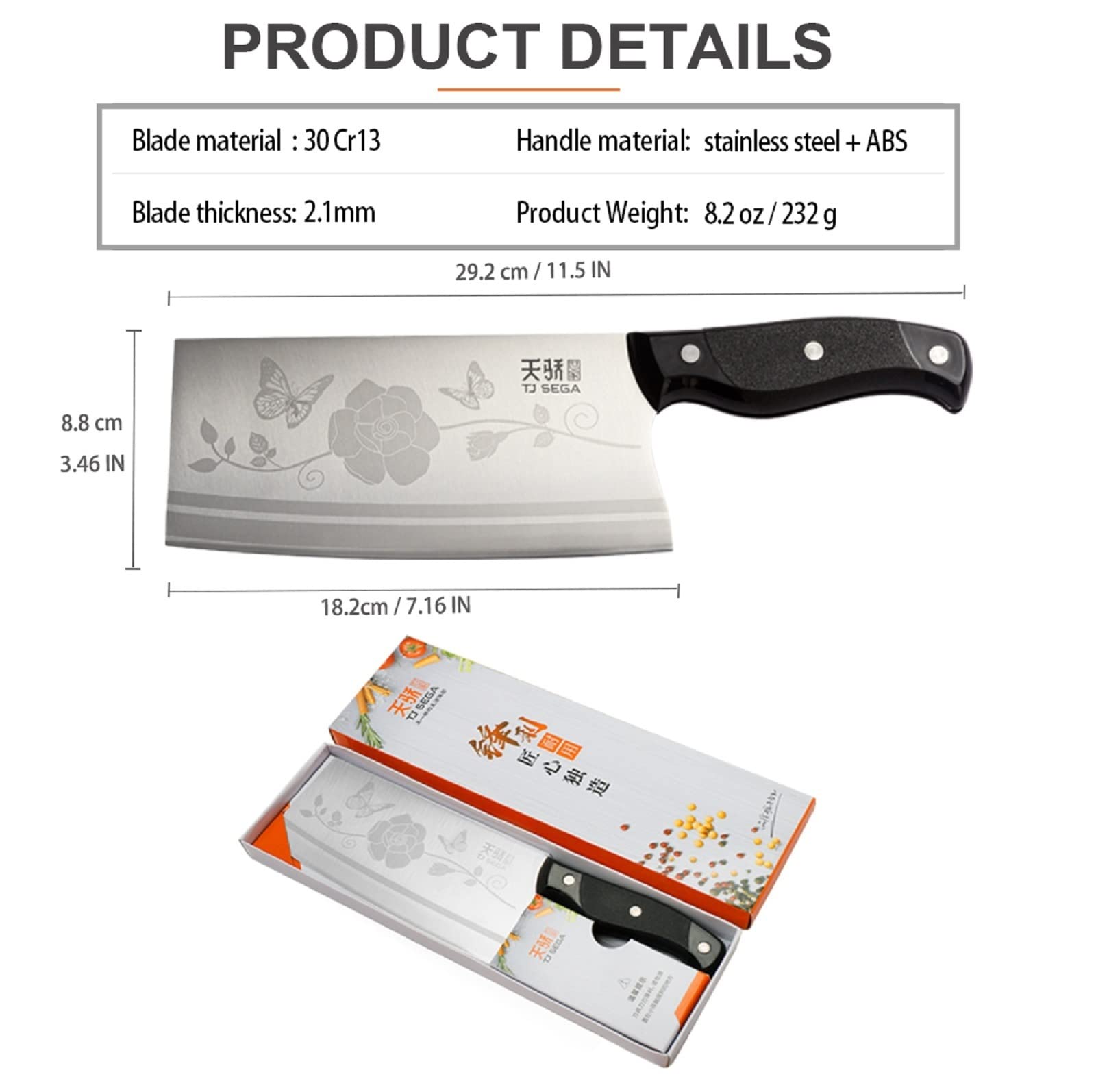 Meat Cleaver Knife 7.2 Inch, Ultra Sharp Chinese Chef's Knives, Full-tang Chopping Knife, 30Cr13 Steel Blade Thickness 2 mm, TJ SEGA Series TC17068