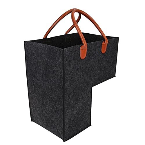L-Shaped Stair Basket with Leather Handle for Carpeted Stairs, Foldable Staircase Basket for Wooden Stairs, Storage, Organizer, Home Decor(Black)