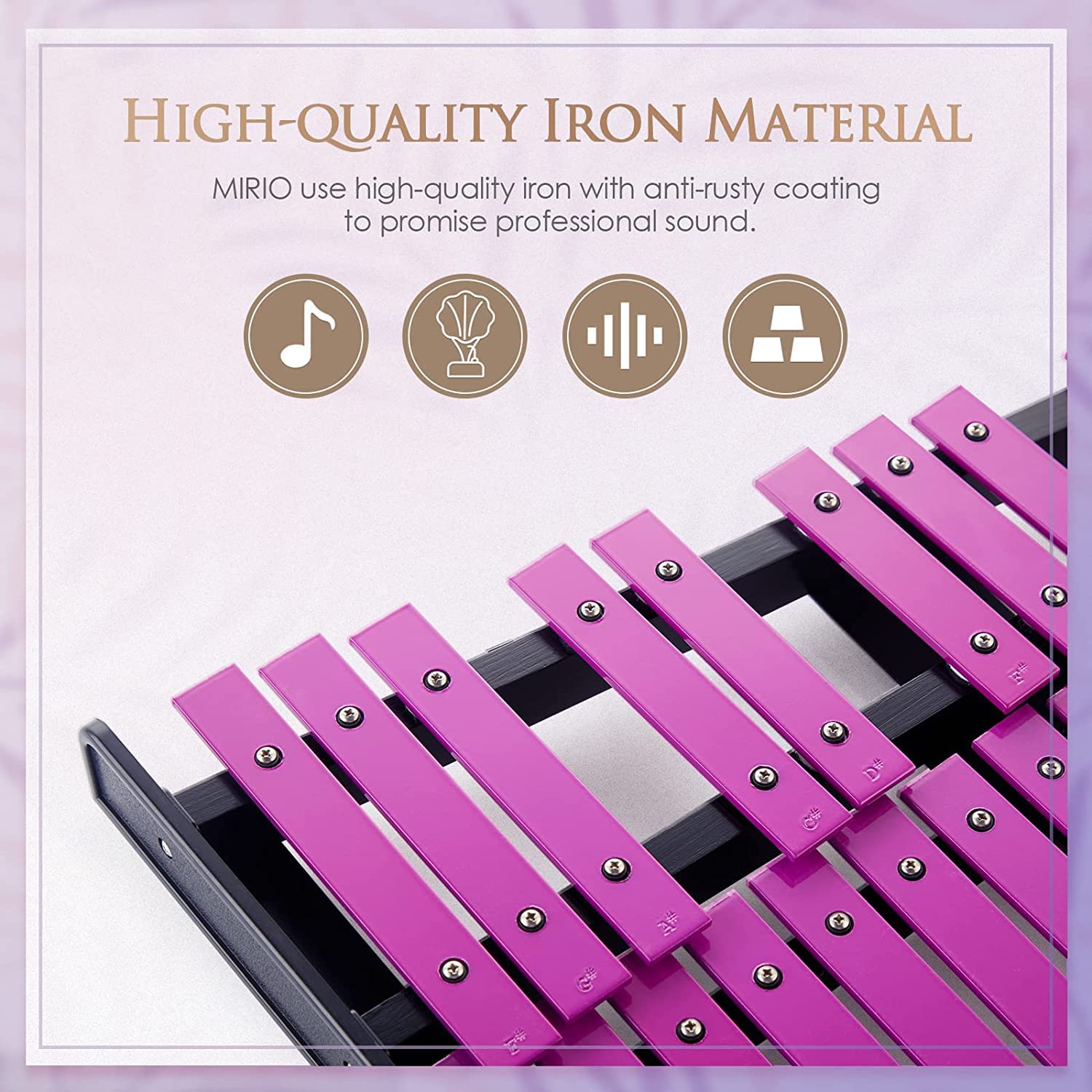 MIRIO Glockenspiel 32 Notes, Violet Xylophone Percussion Bell Kit for Student, Adult, with 8" Drum Practice Pad, Mallets, Adjustable Height Frame, Music Stand and Carrying Case