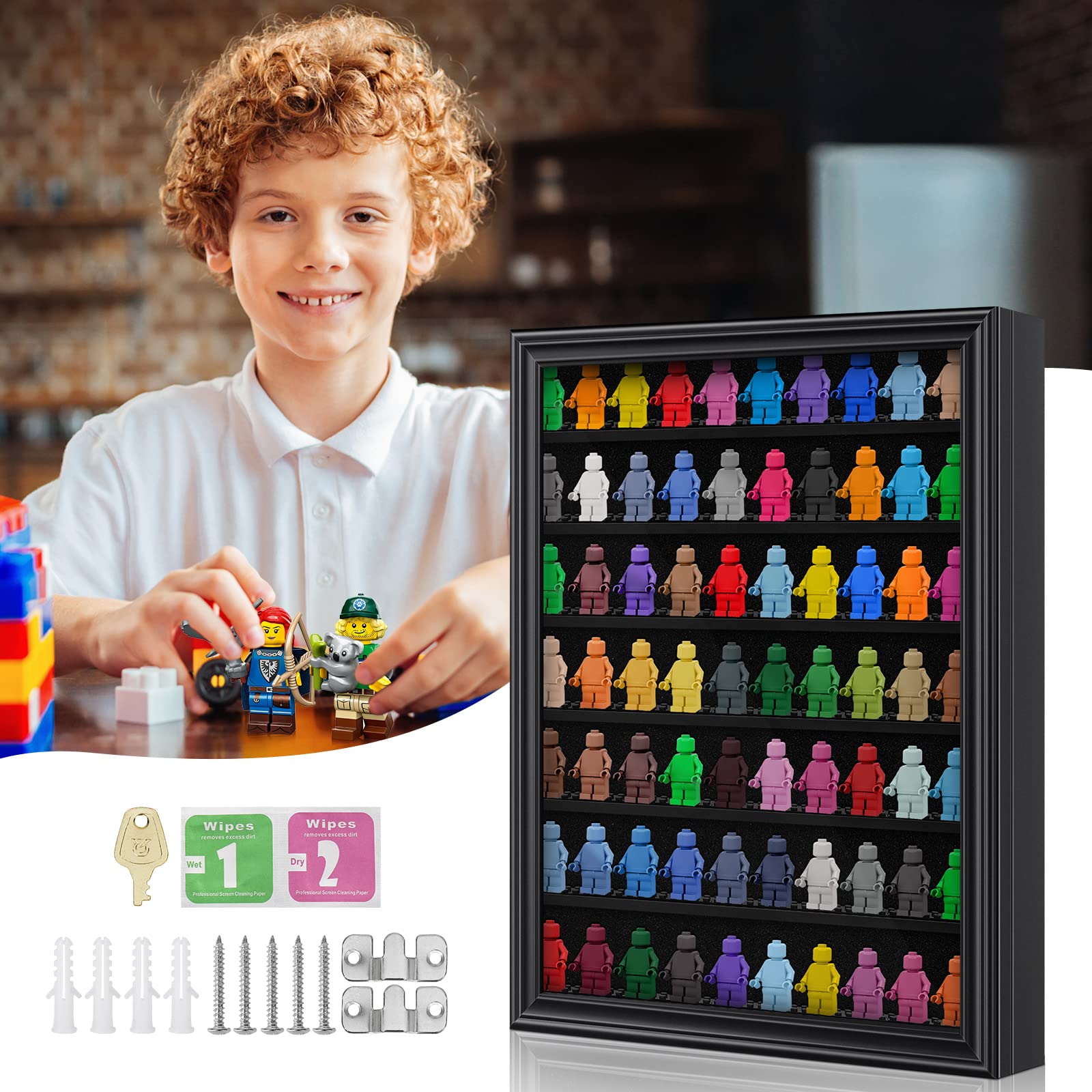 Mlikero Minifigure Display Case, 7 Rows Display Cases for Collectibles Wall Mount with 98% UV Protection Acrylic Door Clear View for Small Objects Lockable Large Black