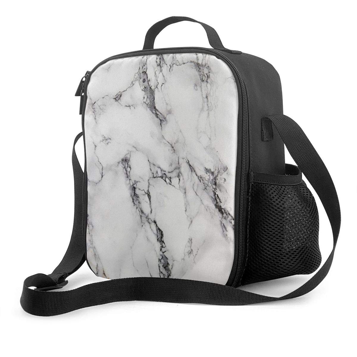 MSGUIDE Simple White Marble Stone Men & Women Insulated Lunch Bag,Reusable Tote Lunch Box with Water Bottle Holder and Adjustable Shoulder Strap for School Office Picnic