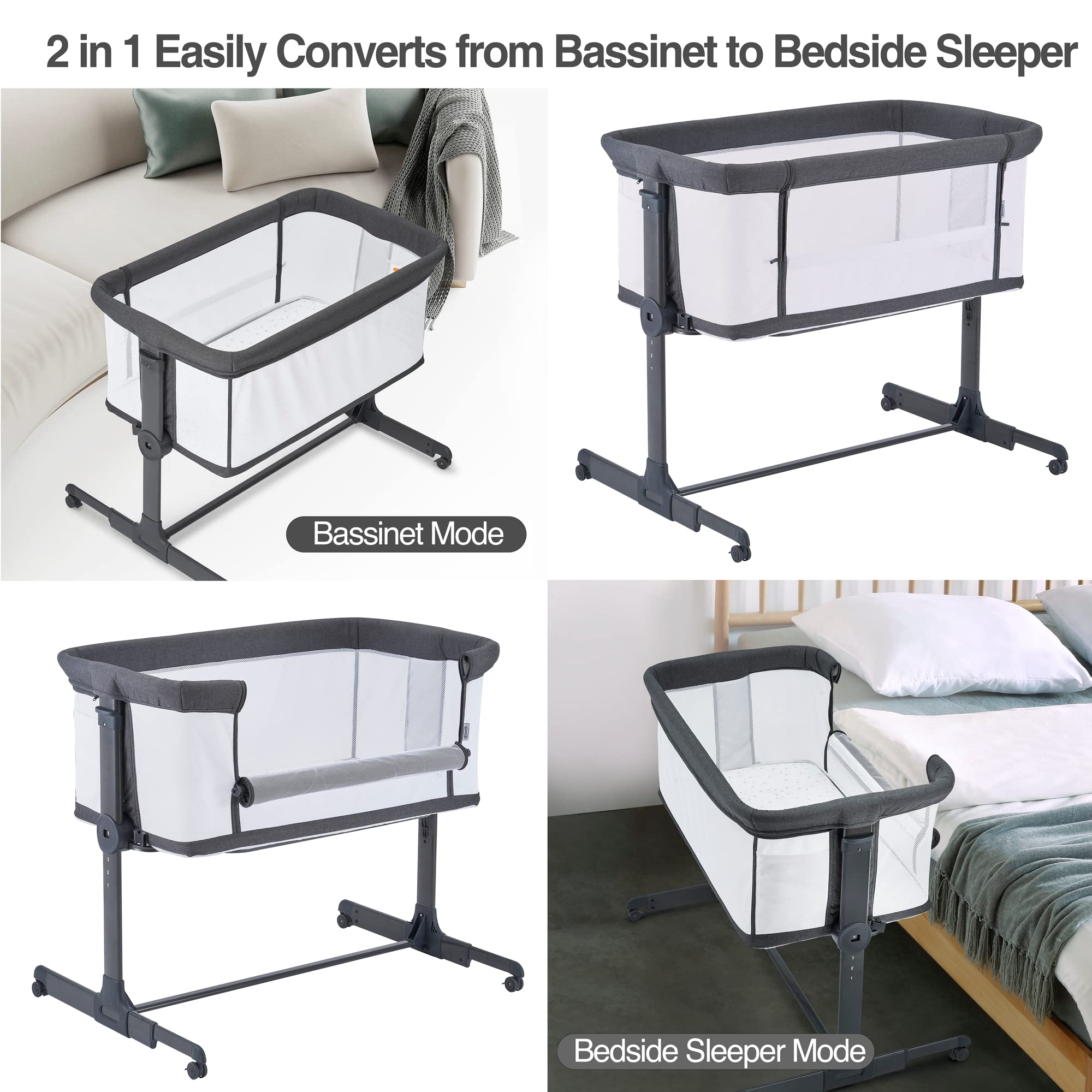QUTANIX Baby Bassinet Bedside Sleeper, Bedside Crib Co Sleeper for Baby, Easy Folding Portable Mini Crib for Newborn/Infant (Grey)