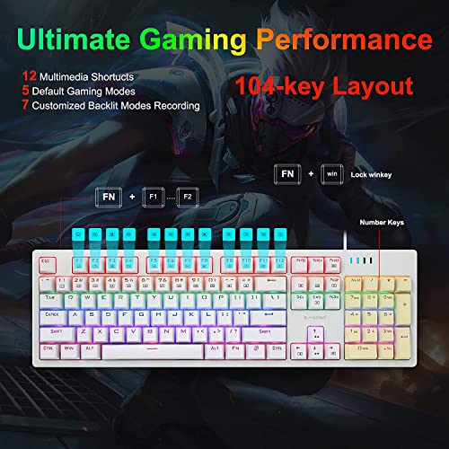 Mechanical Keyboard Red Switches 104 Keys, E-YOOSO K-682 Gaming Keyboard Rainbow LED Backlit and RGB Side Light