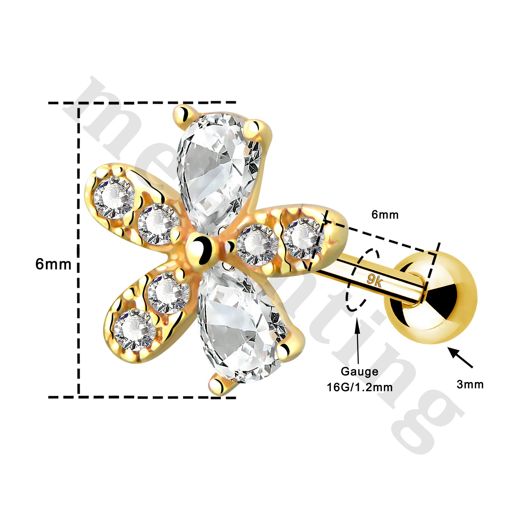 OUFER 16G Cartilge Stud Earrings, 9K Solid Gold Helix Piercing Jewelry, Clear CZ Tragus Daith Conch Forward Helix Body Ear Piercing Jewelry For Women And Men