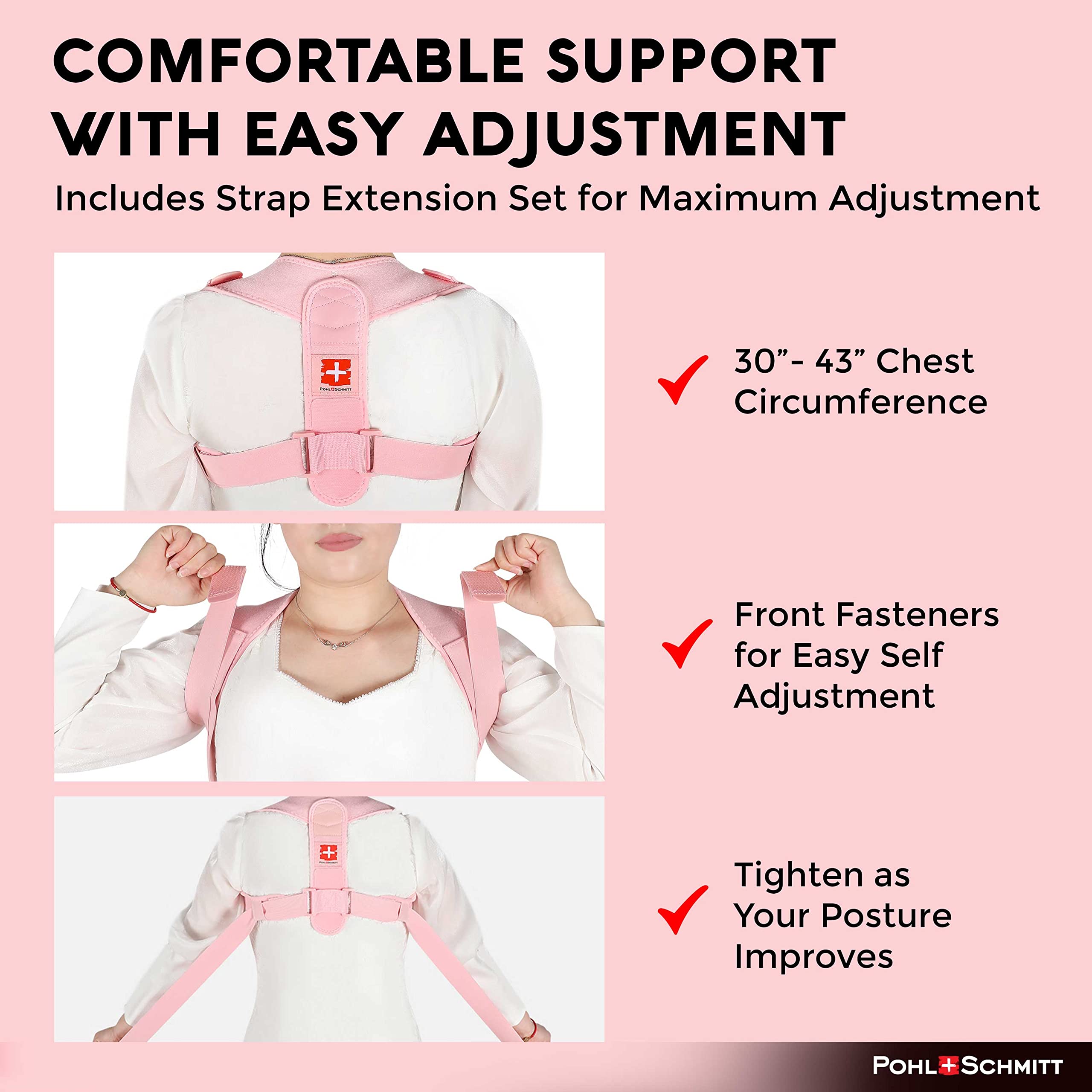 POHL SCHMITT Posture Corrector for Women and Men with Adjustable Back Straightener, Back Brace for Posture - Prevent and Relief Neck, Body Alignment Improvement & Support - Back & Shoulder Pain, Pink