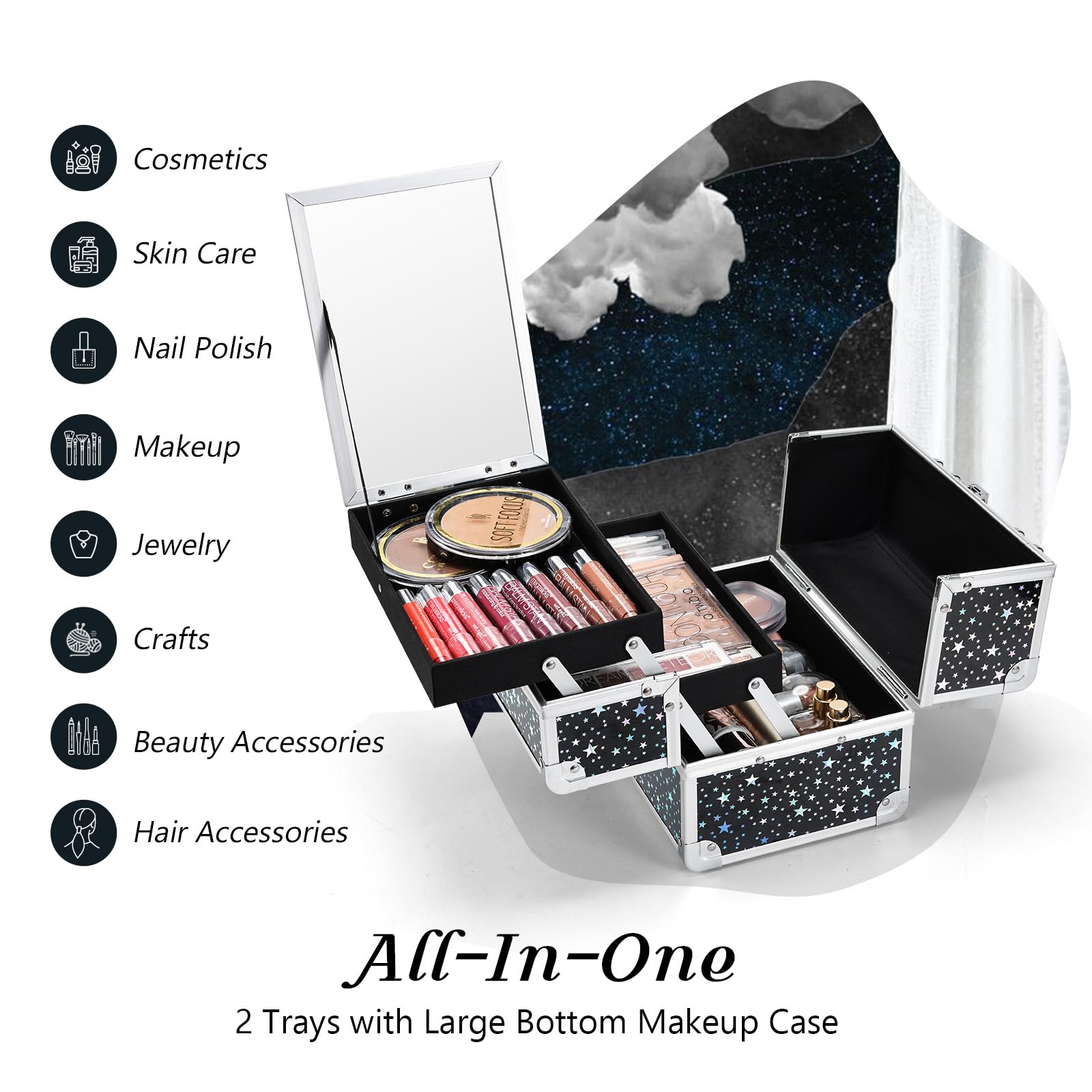 Joligrace Makeup Train Case Cosmetic Storage Jewelry Organizer Lockable with Keys and Mirror 2-Tier Tray Portable Carrying with Handle Travel Storage White Star