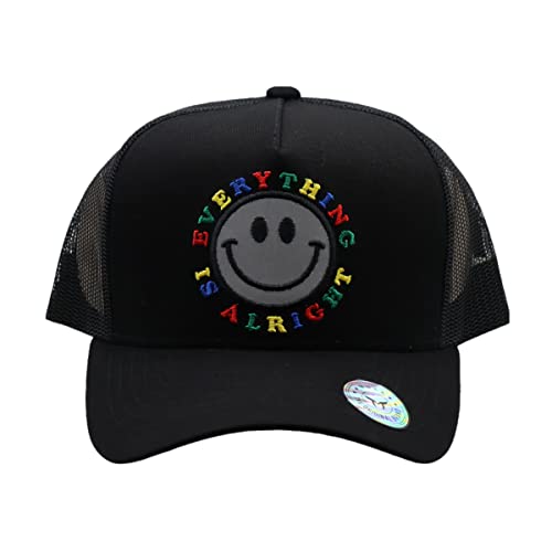 MU:KA: Smile Face Embroidery Trucker Hat Streetwear Vintage 5-Panel Trucker Hat Mesh Back Cap Snapback Graphic Hat (Black)