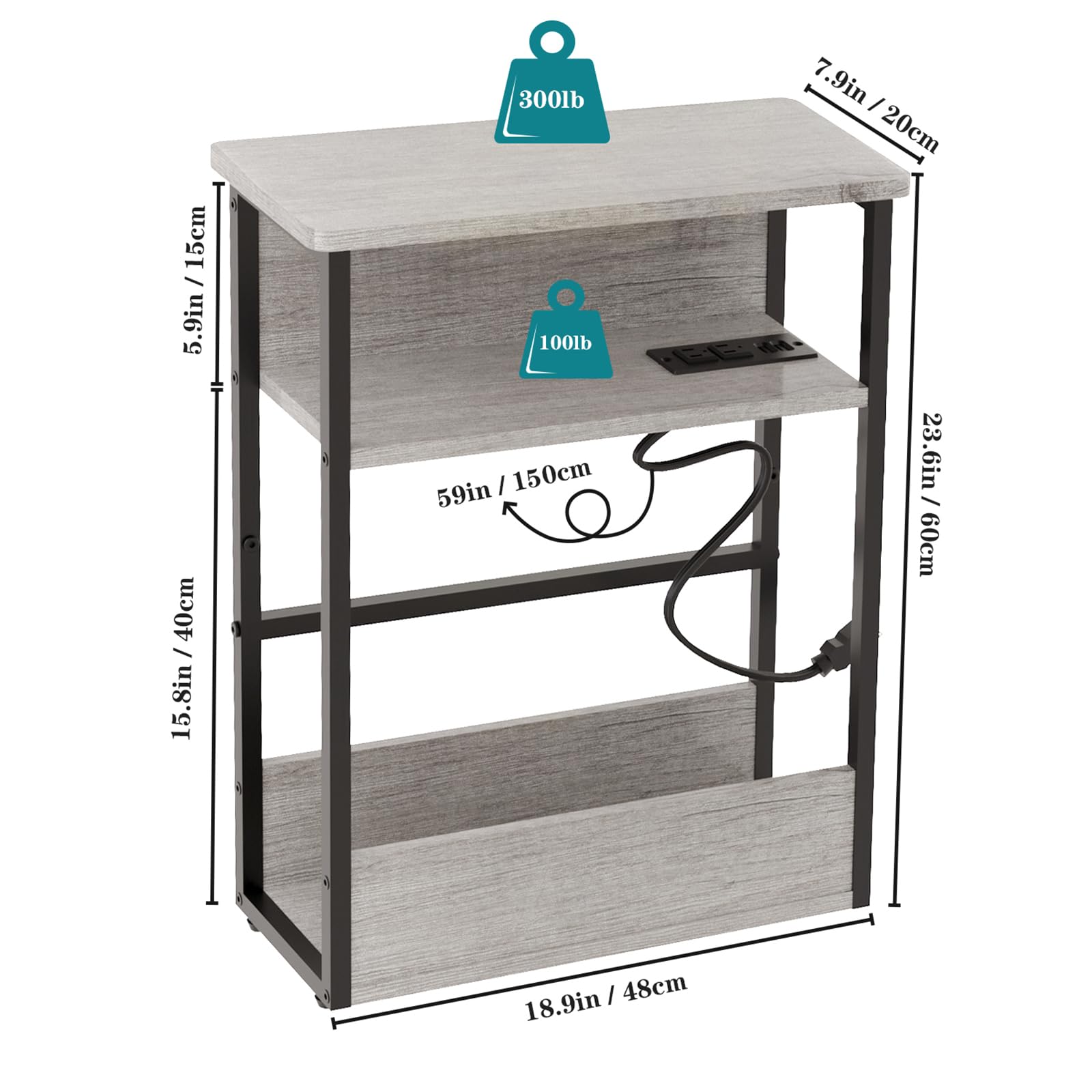 GGWEW Narrow End Table with Charging Station, 3 Tier Slim Side Table for Small Spaces, 23.6 Inch Height Thin Tables with Storage Shelf and Magazine Rack for Living Room, Light Grey Blue