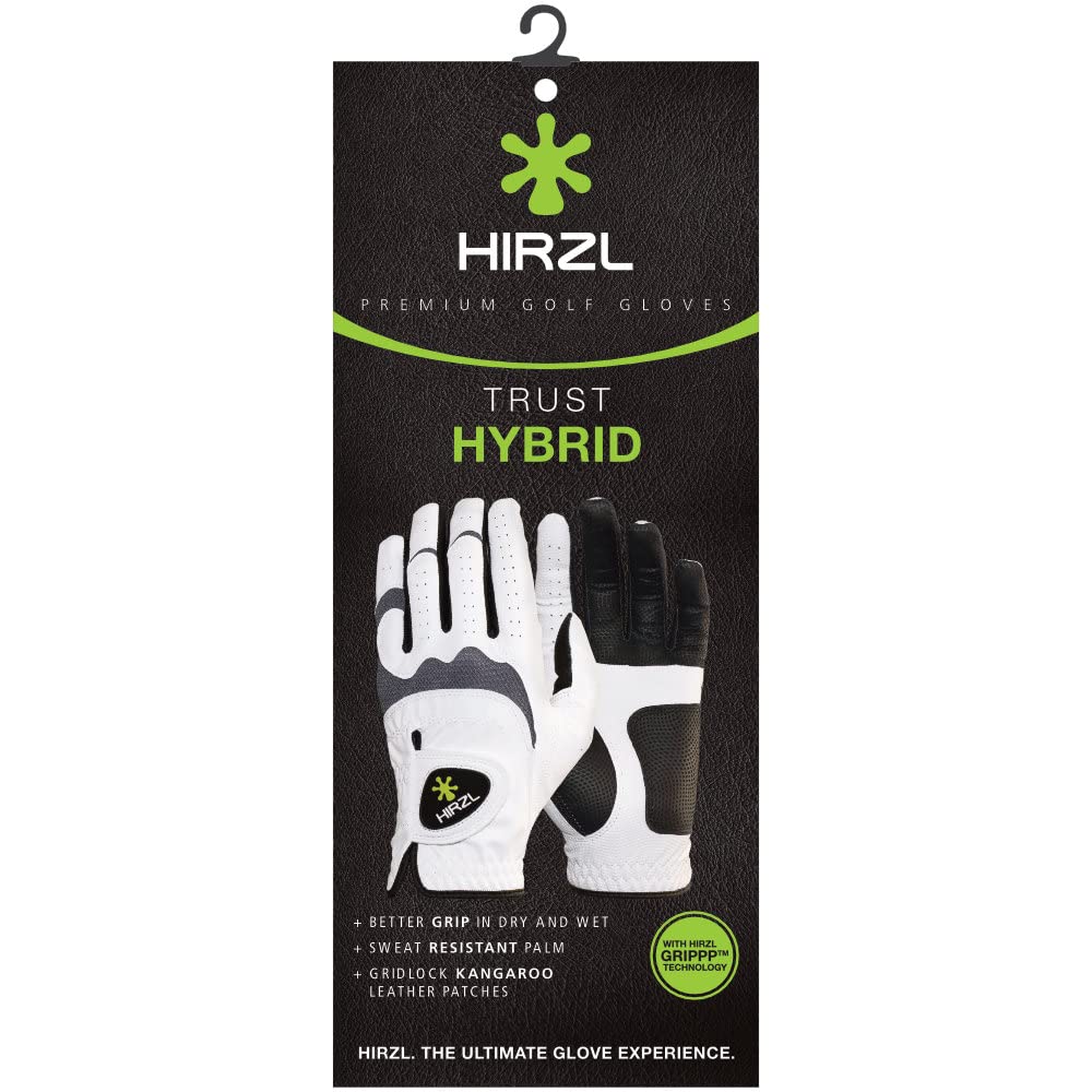 Hirzl Trust Hybrid Golf Gloves Mens Left Hand Glove (Right Handed Golfer)Super-Strong Kangaroo Leather White / Black Medium Large Ultra Grip Mitt