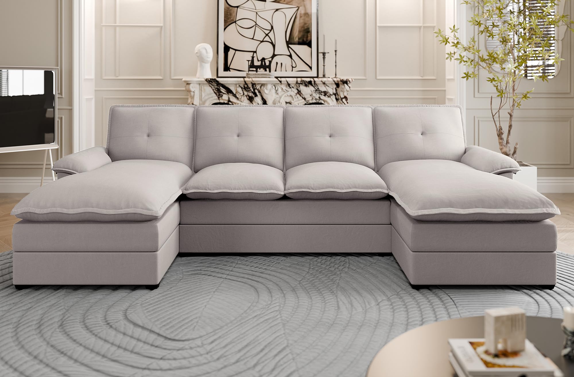 Shintenchi 110" Modular Sectional Couches for Living Room, U-Shaped Sofa Couch with Double Chaise, 4 Seat Sofa Sets with Thick Cushion & Soft Backrest, Creamy White