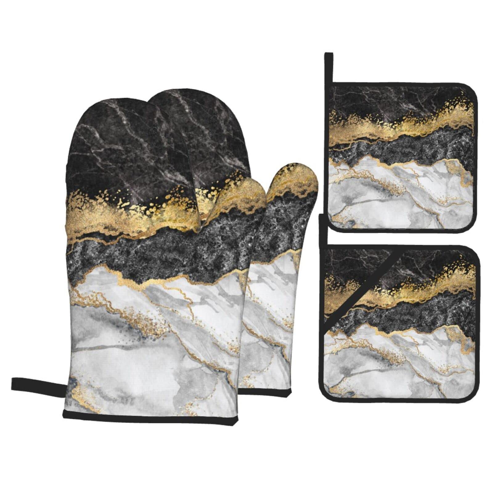 Marble Oven Mitts and Pot Holders 4pcs Sets,Funny Kitchen High Heat Resistant Oven Mitts,with Oven Gloves and Hot Pads Pot Holders for Baking Cooking BBQ Grilling