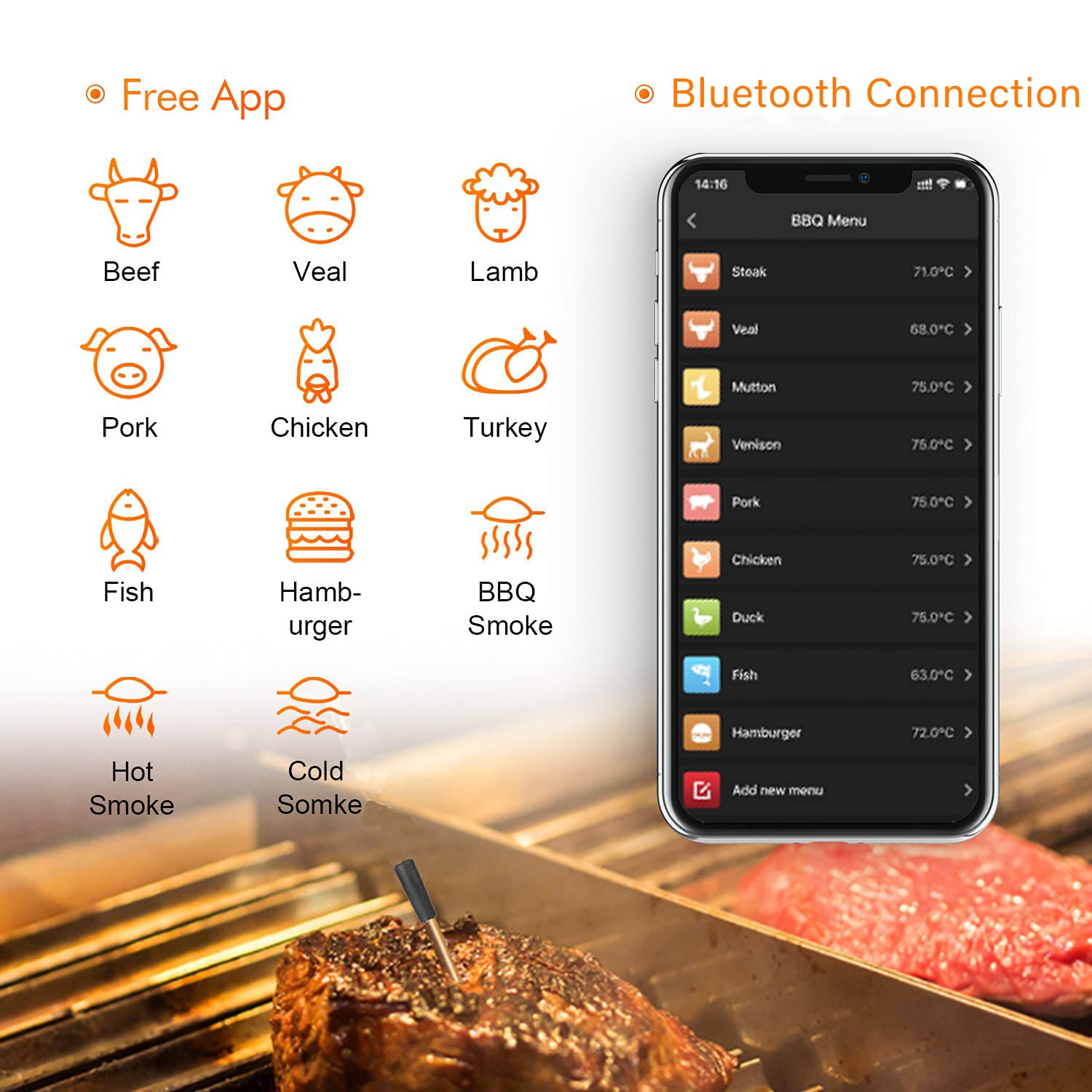 Meat Thermometer Wireless, BVRONA 300FT Bluetooth Meat Thermometer for Grilling and Smoking, IP67 Waterproof ,Dishwasher Safe for BBQ Oven Grill Smoker Cooking Gifts for Men Women