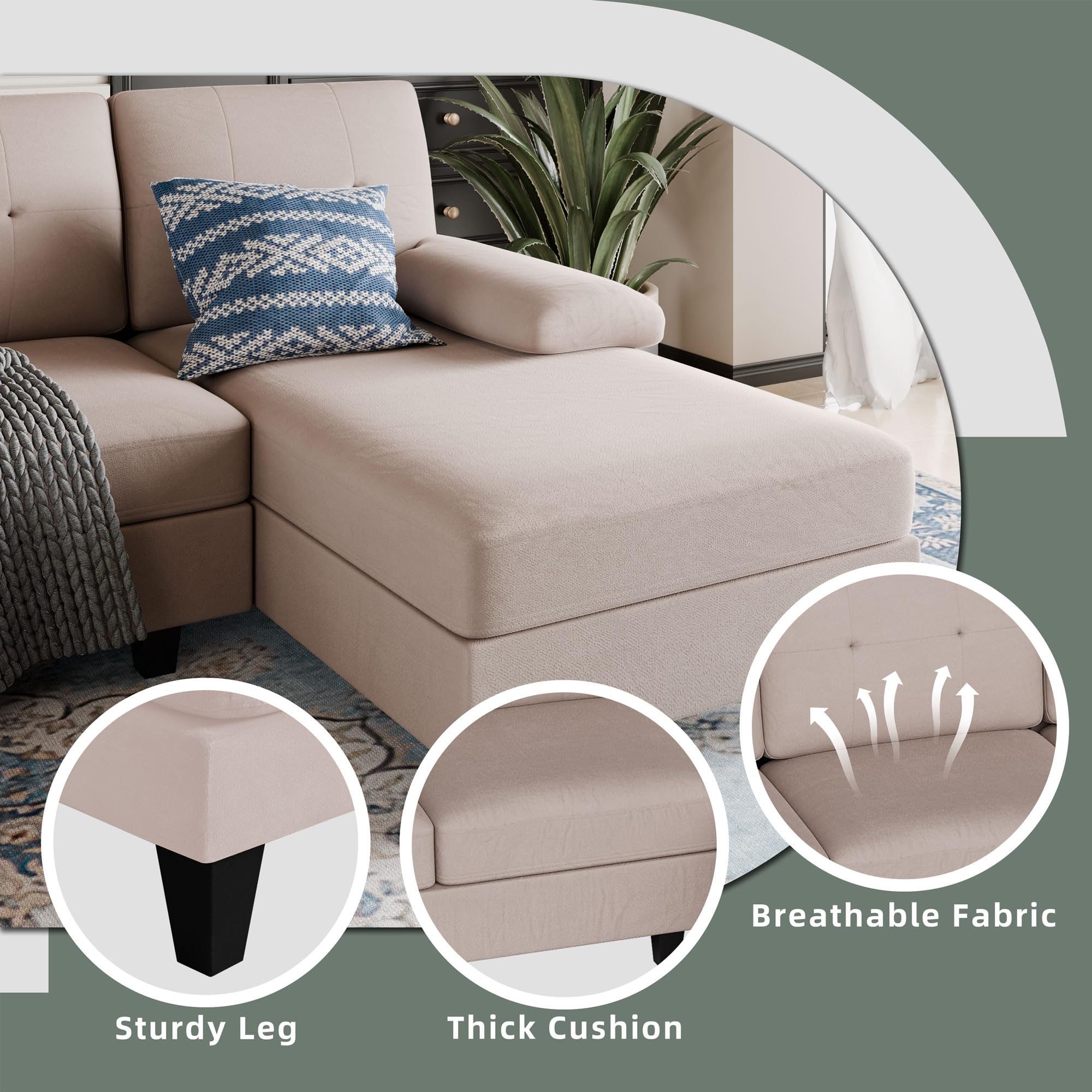 Shintenchi Convertible Sectional Sofa Couch, Modern Linen Fabric L-Shaped, 3-Seat Sofa Sectional with Storage Function Ottoman/Armrest Reversible Chaise for Living Room and Small Space (Gray)