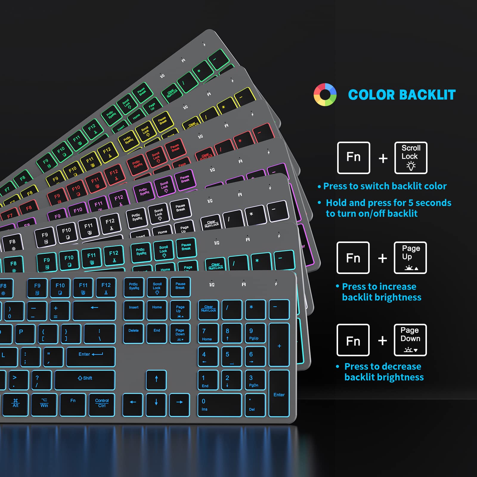 POWZAN Wireless Keyboard and Mouse, Rechargeable Wireless Keyboard Mouse Combo, Jiggle Mouse Slim Full Size Silent 7 Color Backlit 2.4G USB Keyboard for Windows, Mac Desktop/Laptop/PC, Gray