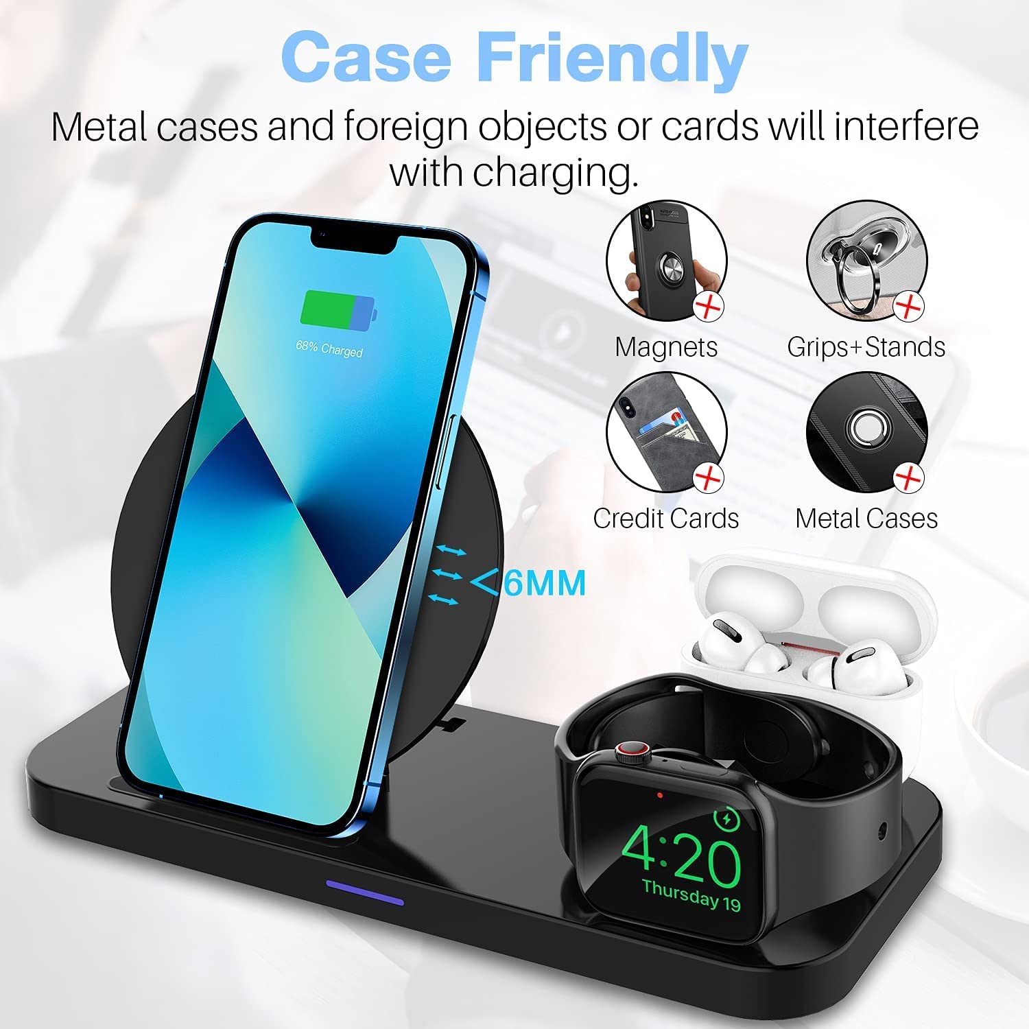 KKM Wireless Charger, 3 in 1 Qi-Certified Fast Wireless Charging Station Compatible with iPhone 14 Pro/14 Pro Max/14/14 Plus/13/12/11/XS, Charging Stand Dock for Apple Watch & AirPods (with Adapter)
