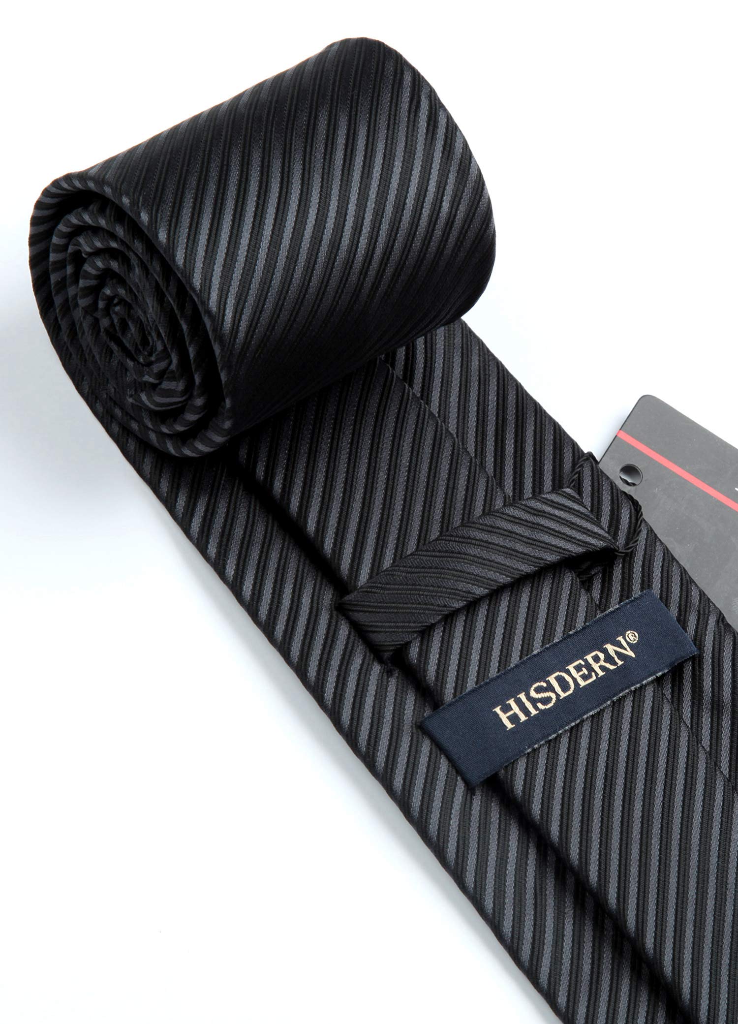 HISDERN Black Ties for Men Formal Mens Ties and Pocket Square Set Classy Silk Striped Necktie Handkerchief for Wedding Business Graduation School Party