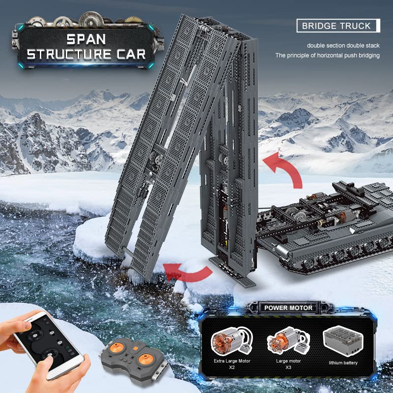 Mould King 20002 MOC Technology Tank Bridge Construction Vehicle Building Blocks Model,Type Bridge Layer Remote Control Transporter Tank,Technology Clamping Modules kit with Engines,2388 Pieces