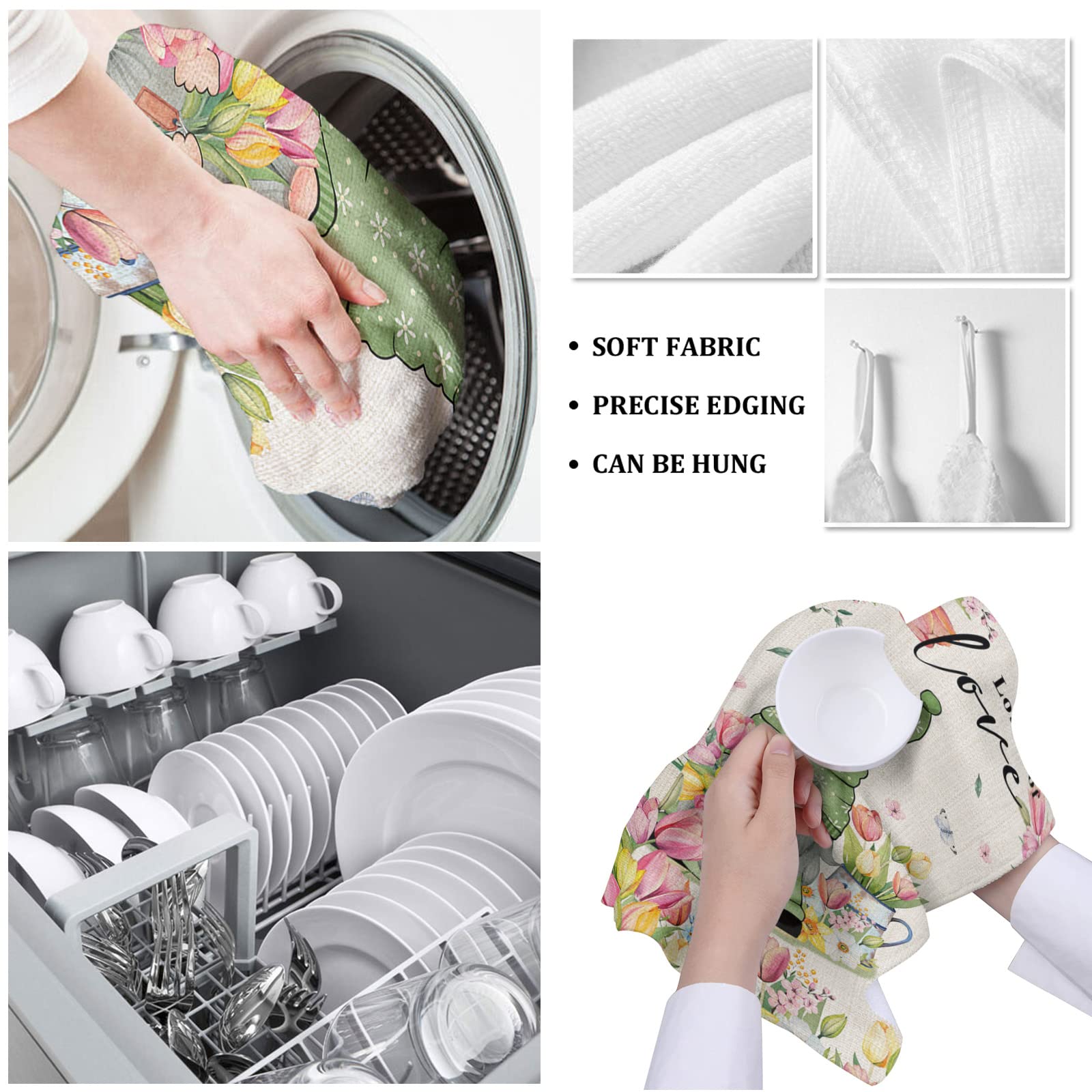 Kitchen Towels Set Ladybug Gnome Hand Towels Dish Towel Spring Floral Daisy Flower Farmhouse Dishcloths 2 Pack, 18x28 Inches Absorbent Soft Cotton Dish Cloths Bar Towels & Tea Towels