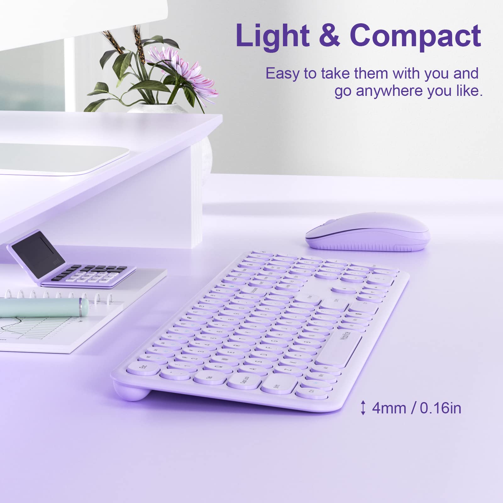 Mobifice Cute Keyboard and Mouse Wireless for PC Computer/Laptop/Windows/Mac/Tablets, Ultra-Thin 2.4GHz USB Cordless Full-Sized Silent Retro Computer Keyboard Mouse Combo (Purple)