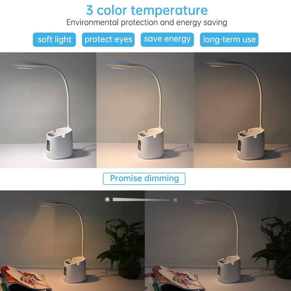 KKUYI LED Desk Lamp with Pencil Holder, Kids Desk Lamp with Clock, 3 Brightness Boys Lamp with Organizer Dimmable Table Lamp for Teens, Rechargeable Study Lamp for Home and Office