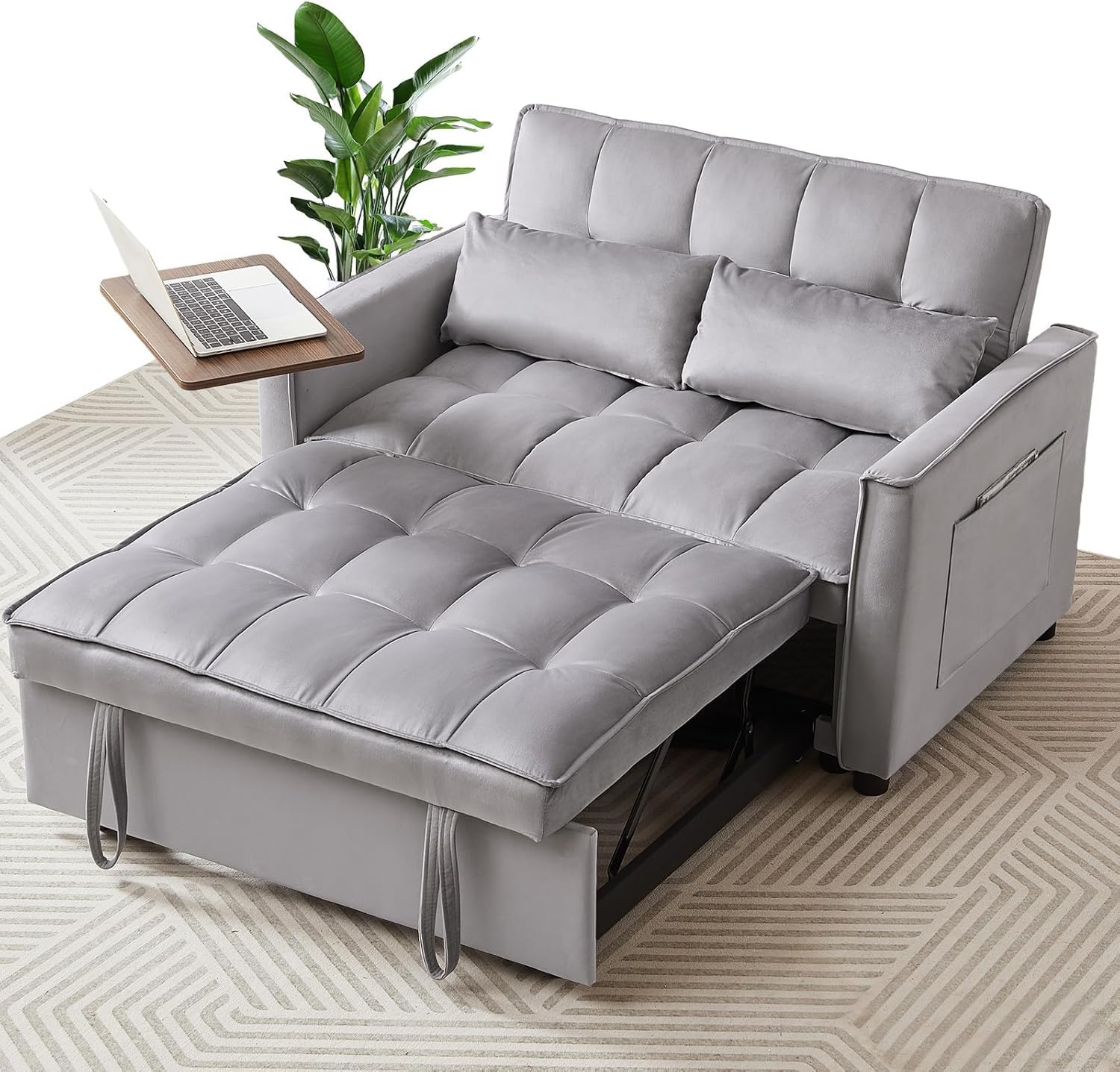 Rovibek Convertible Sofa Bed Couch Pull Out 3 in 1 Futon Loveseat Sleeper 2 Seat Velvet Lounge for Living Room, Adjustable Backrest, with Side Table, Black