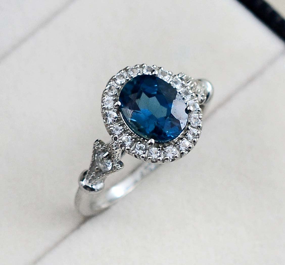 Natural 9X7 MM London Blue Topaz Gemstone Oval Cut 925 Sterling Silver December Birthstone Statement Ring For Engagement Gift (Rhodium Plated Silver, 8.5)