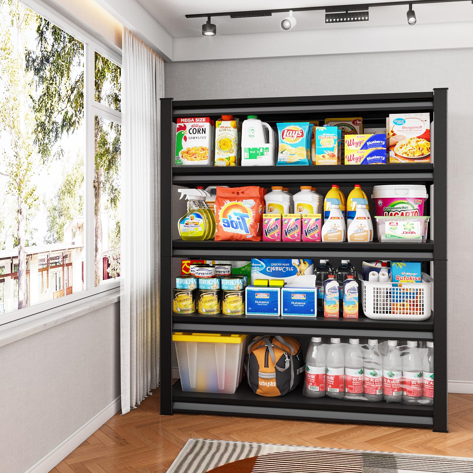 Rufokisa 48" W Garage Shelving Heavy Duty,2800LBS Loads Adjustable Garage Storage Shelves,5-Tier Metal Storage Racks and Shelving Units, Utility Rack Shelves,48”W x 18”D x 78”H,Black