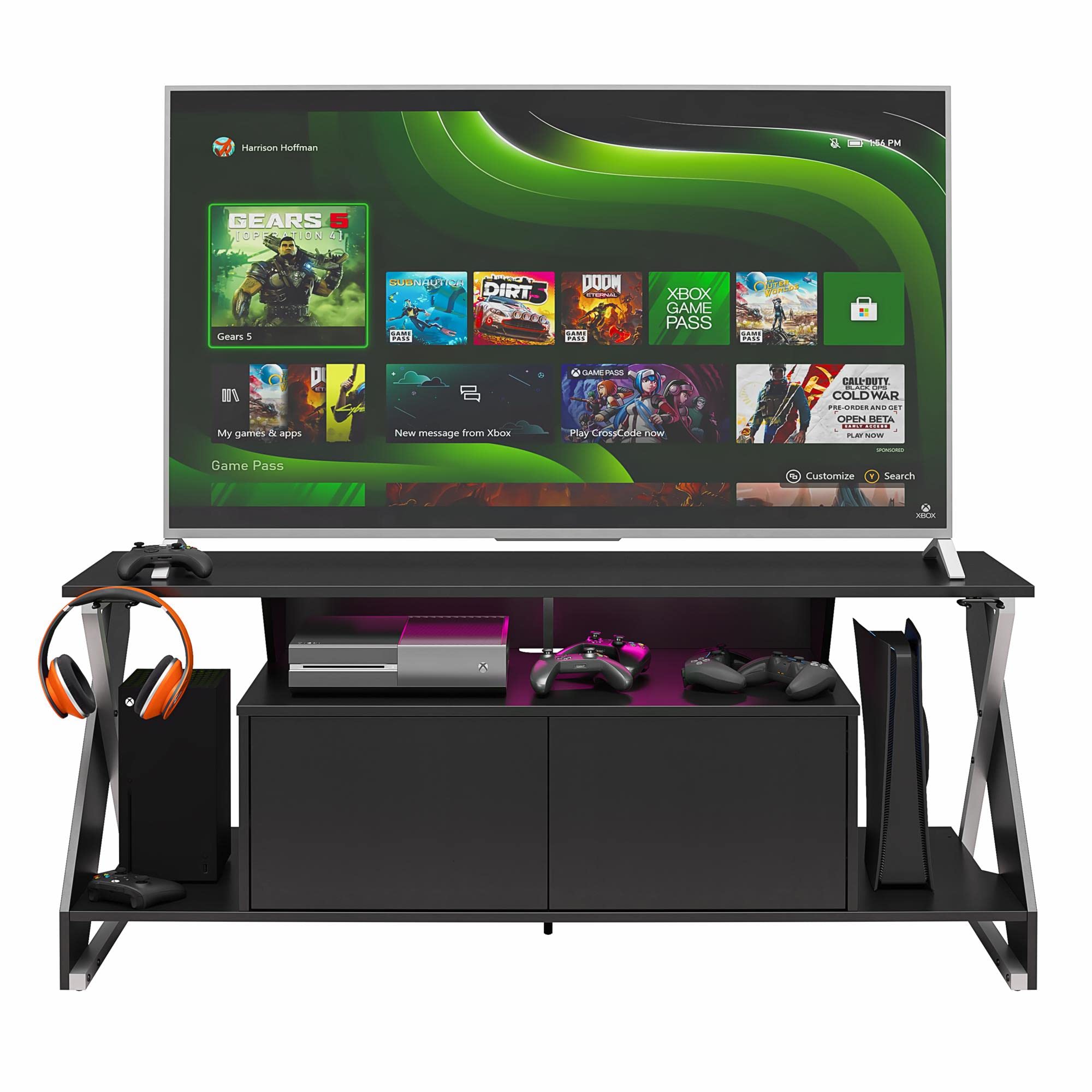 NTense Xtreme Gaming Console Stand with LED Light Kit for TVs up to 65", Black