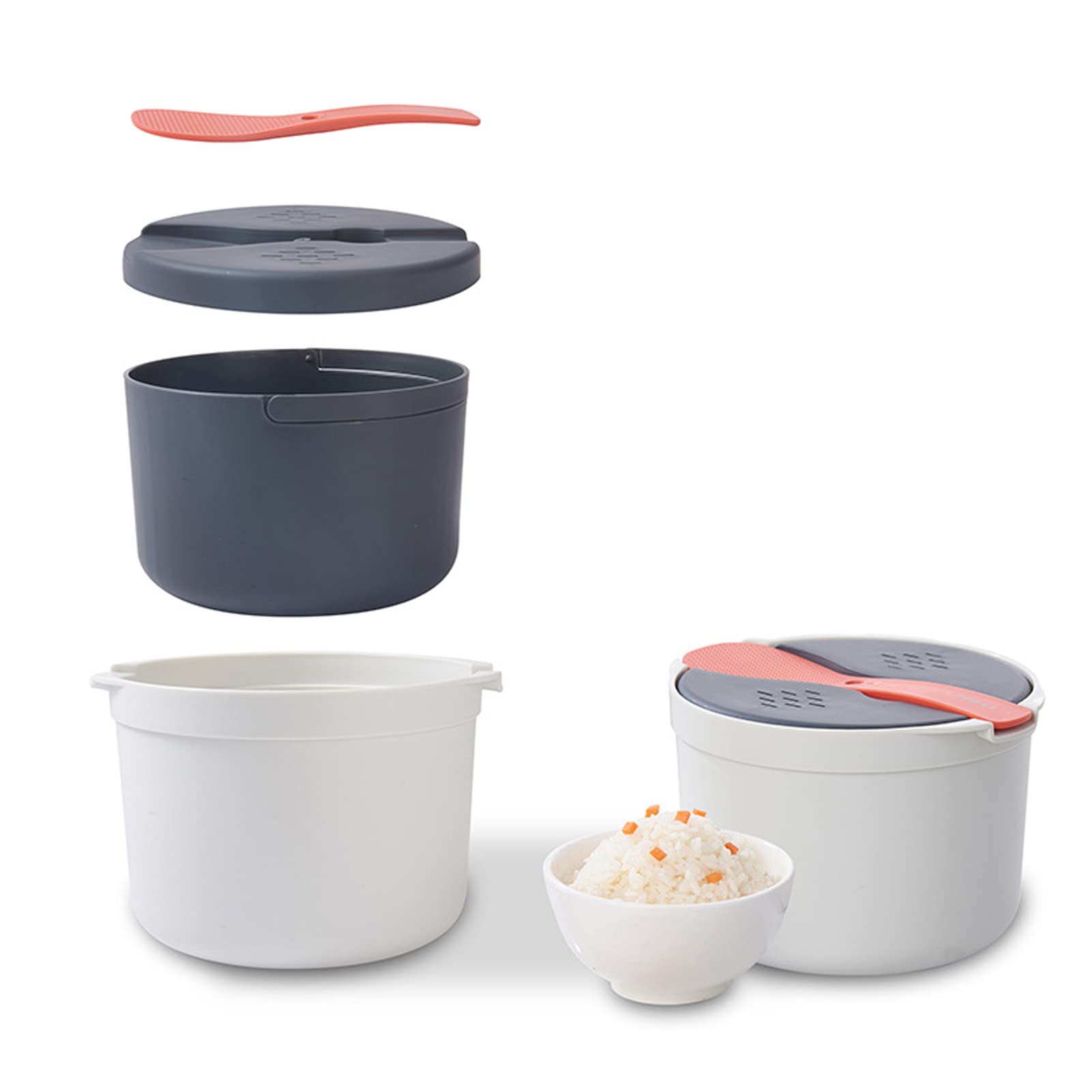 Microwave Rice Cooker Set, 2L Rice Spoon Lid Strainer Steaming Pot Rice Cooke For Home Office(Orange)