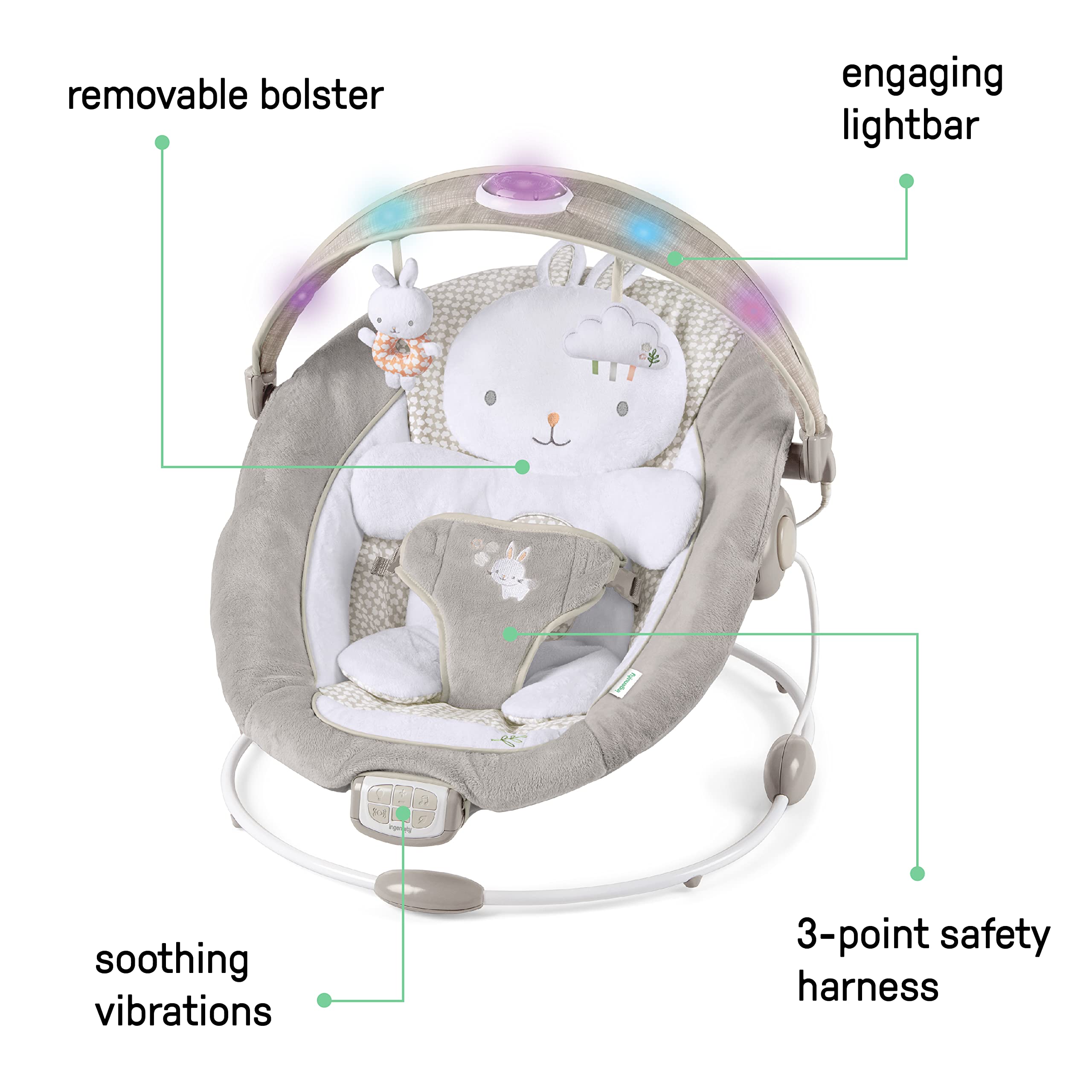 Ingenuity InLighten Baby Bouncer Infant Seat with Light Up -Toy Bar, Vibrations, Tummy Time Pillow & Sounds, 0-6 Months Up to 20 lbs (Twinkle Tails Bunny)