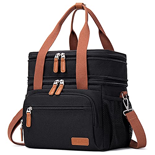 Weitars Lunch Bag For Women Men-Dual Compartment Large Lunch Box For Men Adult Lunch Box For Nurse Office Working Picnic Hiking (15L, Black/kahki)
