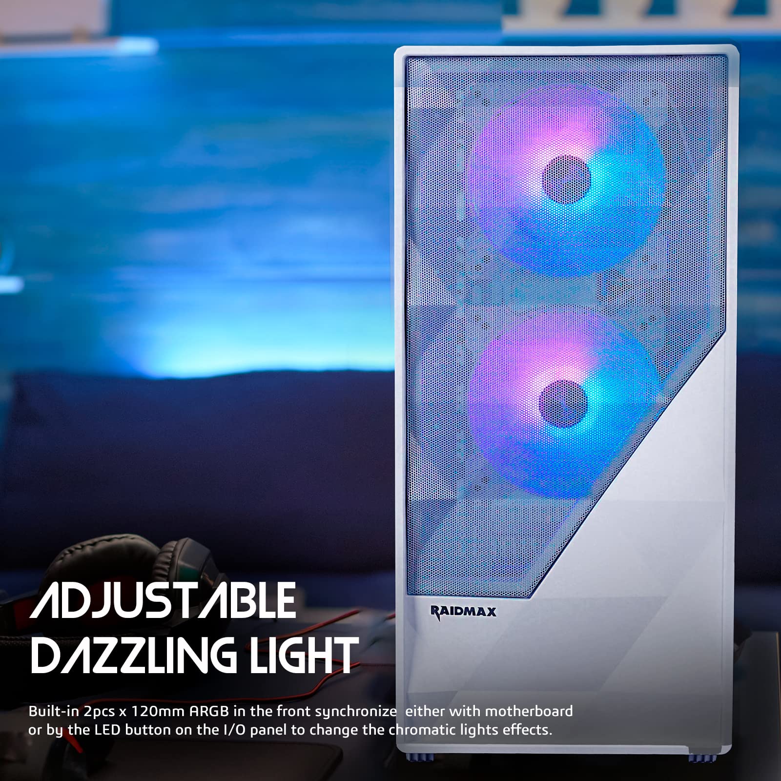 Raidmax Meshian X902 PC Case, Mid-Tower Gaming PC Case with Diamond Mesh Grill, Tempered Glass Side Panel, Pre-Installed Fans Computer Case, ARGB Light, USB 3.0, HD Audio, ATX Case, White