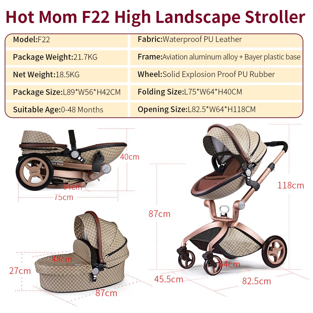 Hot Mom Baby Stroller: Baby Carriage with Adjustable Seat Height Angle and Four-Wheel Shock Absorption,Reversible,High Landscape and Fashional Pram (Grid)