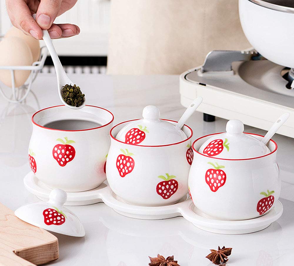 Mathew Hand-painted Strawberry Ceramic Seasoning Jar Condiment Pot Sugar Bowl with Lid and Spoon