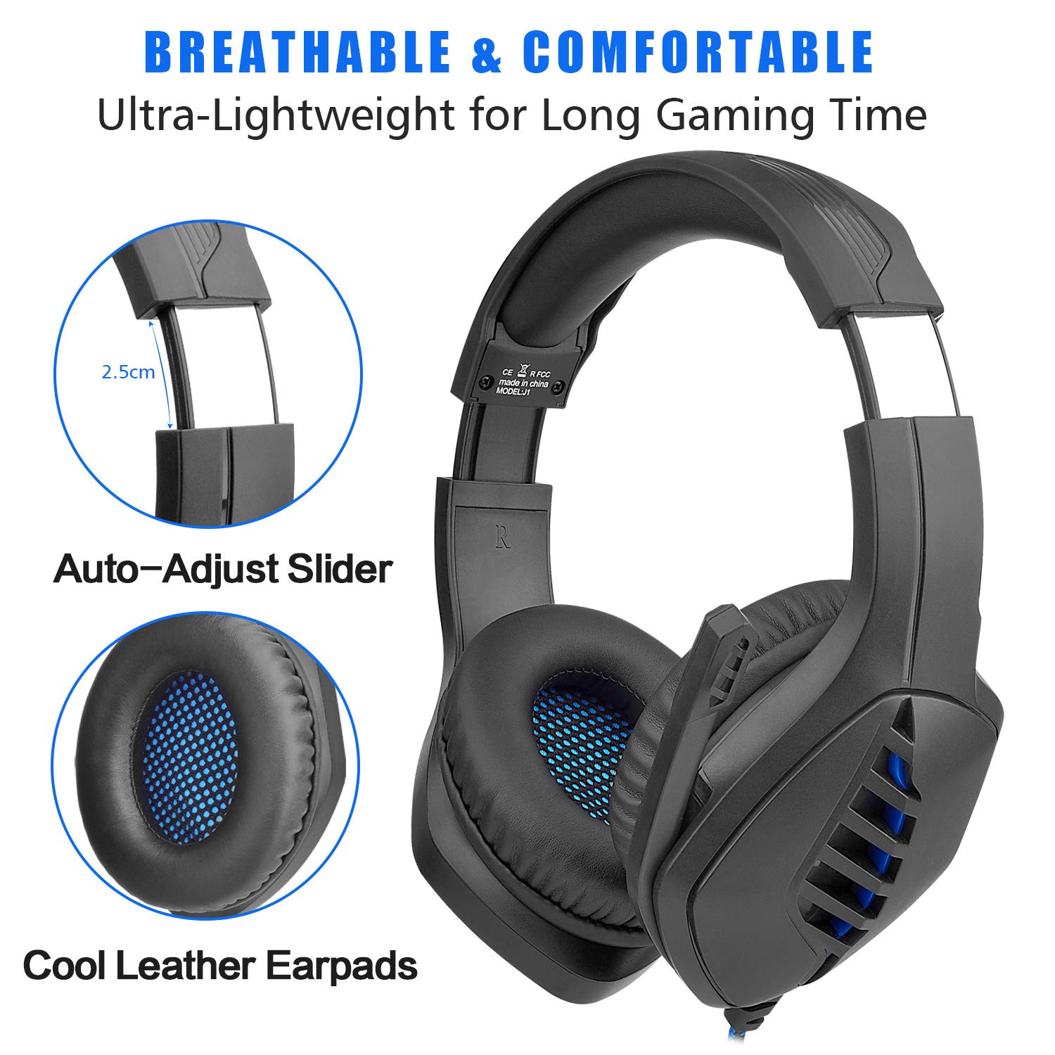 J1 Stereo Gaming Headset with 7.1 Surround Sound, for PS4/PS5/PC/Xbox One/Controller LED Light Bass Surround Noise Cancelling Over Ear Headphones Mic (Blue)