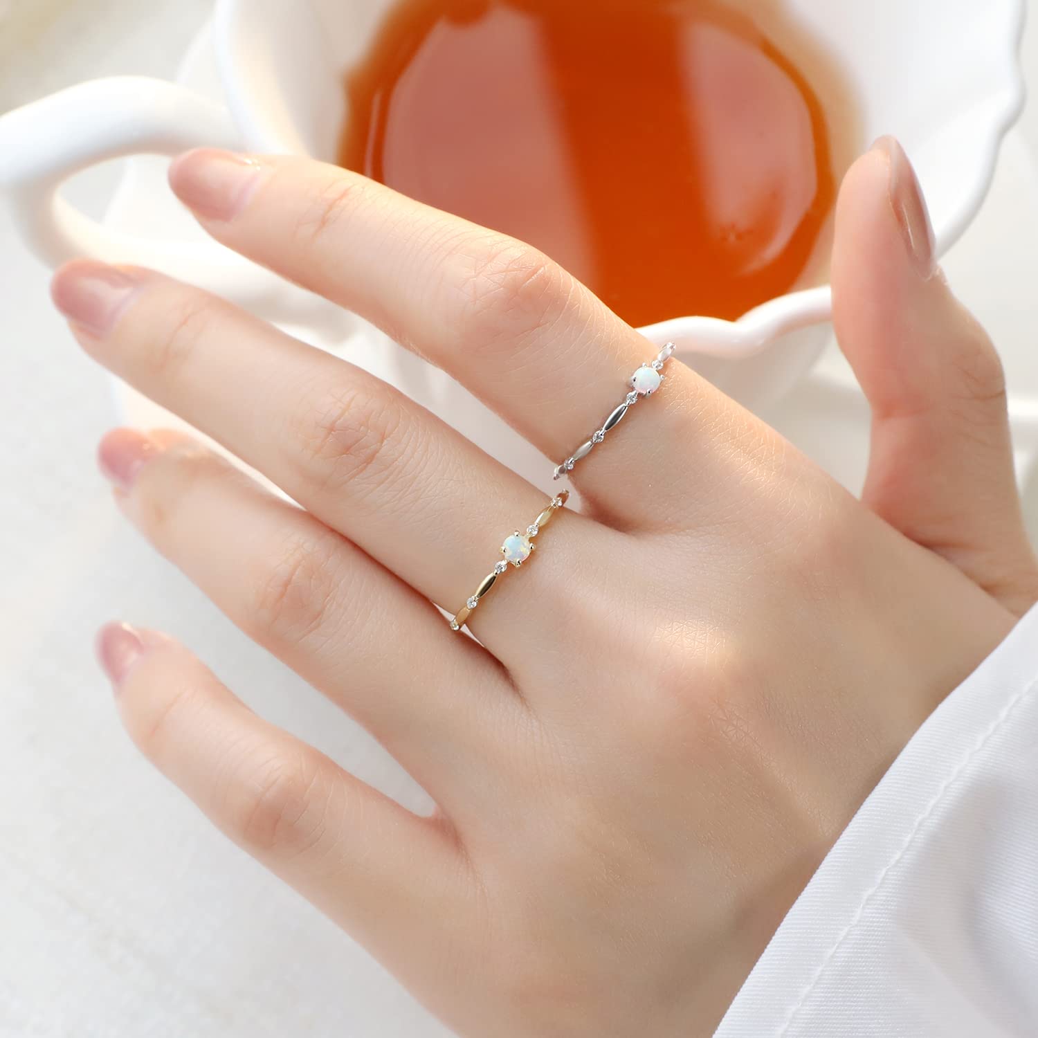 Meissa Sterling Silver Opal Ring for Women White Fire Opal October Birthstone Dainty Minimalist Stackable Ring Gold Promise Ring Size 5-8 (Silver, 7)