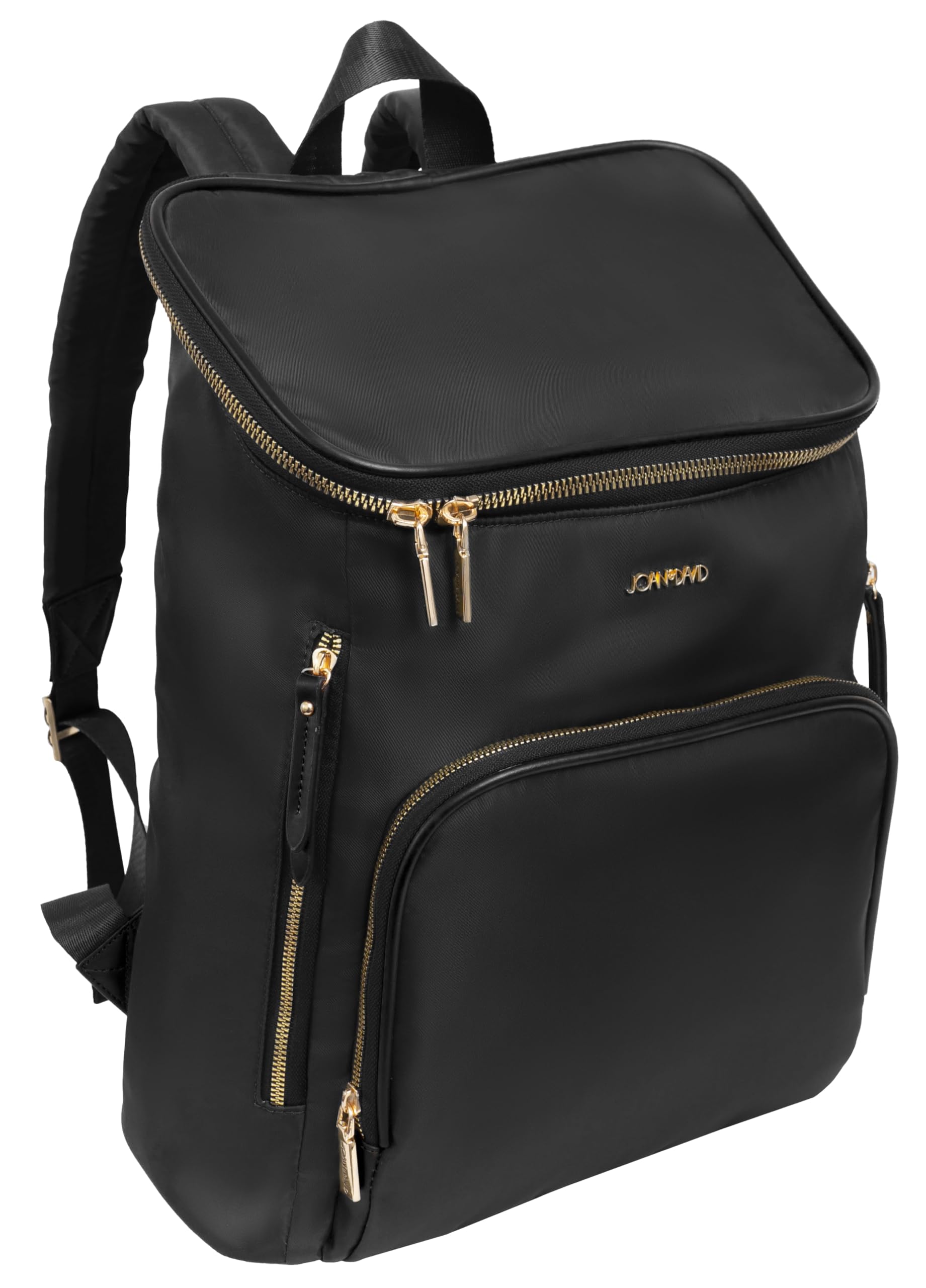 Joan & David Twill Nylon 18" Backpack with Padded Laptop Sleeve, and Luggage Strap with 1 Free TSA Approved Bottle, Fits Up To 15" Inch Laptop (Black)