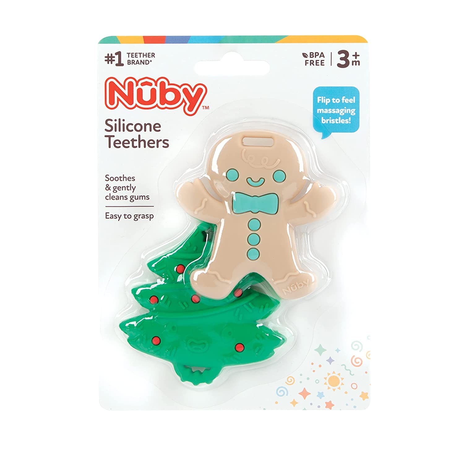 Nuby All Silicone Holiday Tree & Gingerbread Man Cookie Teether β 2 Pack, 3+ Months