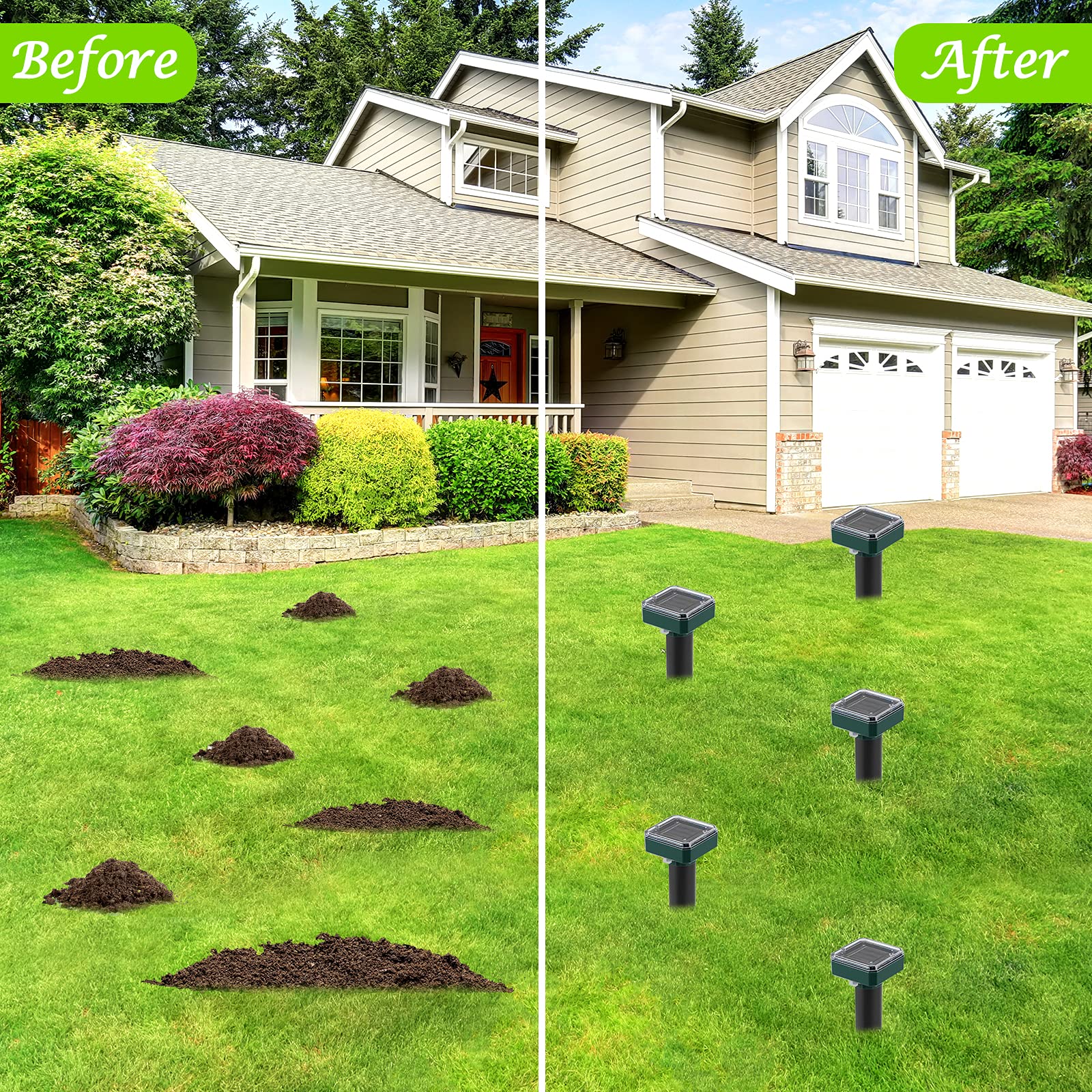 Mole Repellent Solar Powered 4 Pack,Snake Vole Repellent Outdoor, Gopher Repellent Ultrasonic Solar Powered for Lawn Garden Waterproof, Sonic Mole Spikes,Get Rid of moles Groundhog Chipmunk Repellent