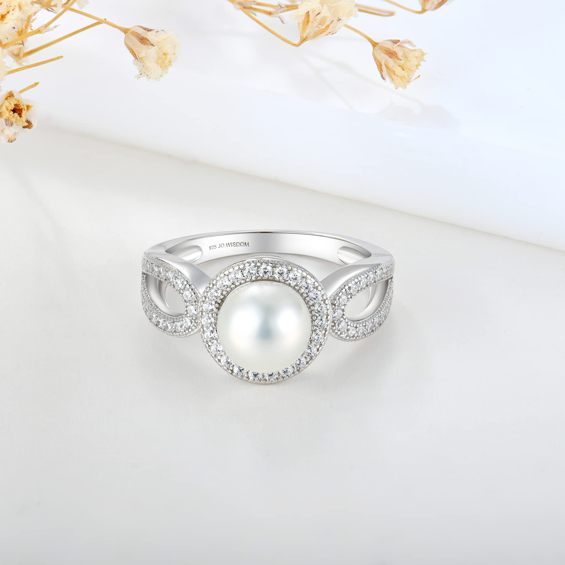 JO WISDOM Women Pearl Ring,925 Sterling Silver Cubic Zirconia Infinity Pearl Ring with 7.5mm White Freshwater Cultured Pearl Ring size 10